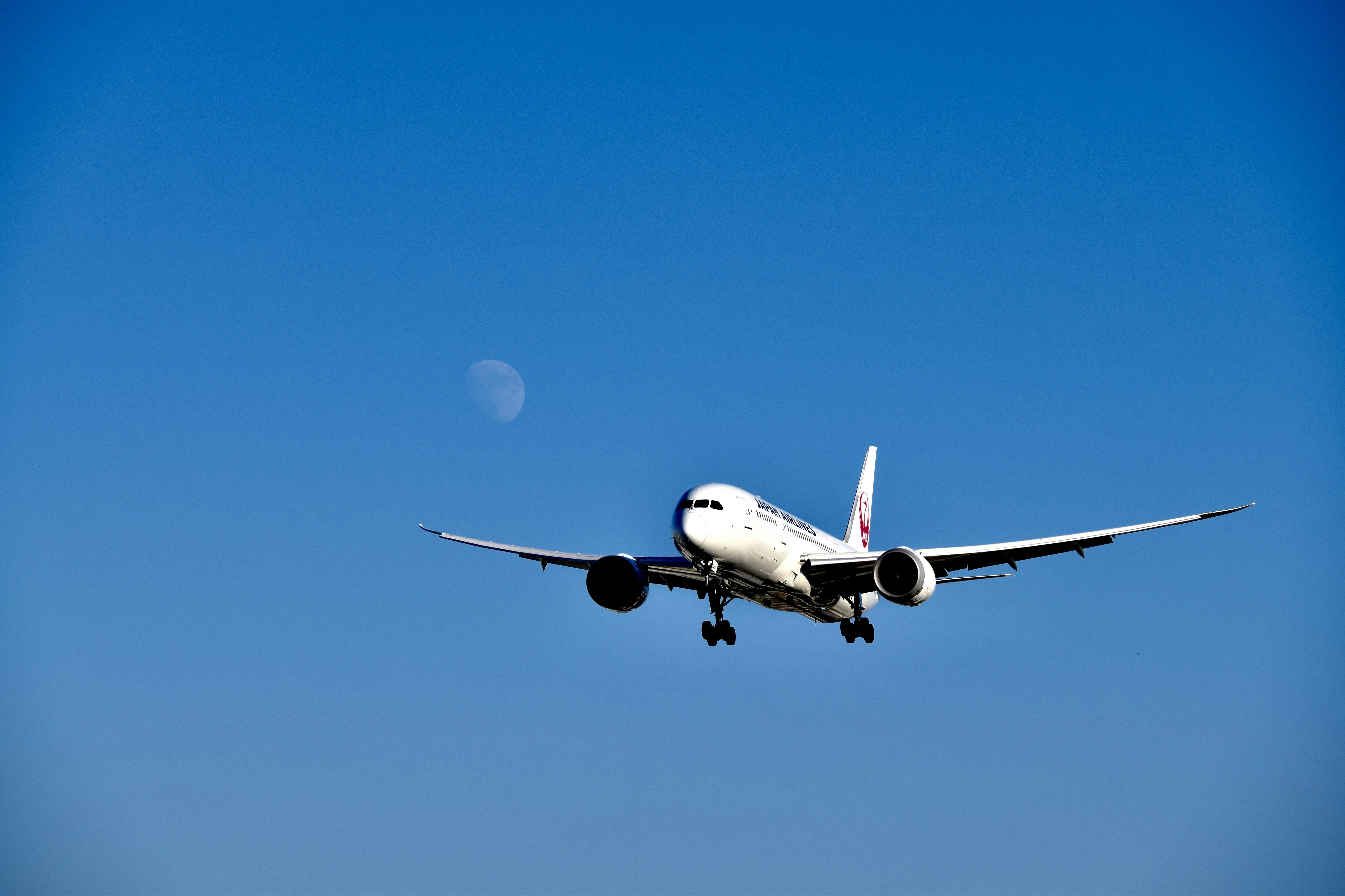 Midair Approach: A jet glides toward a clear blue horizon with the moon rising