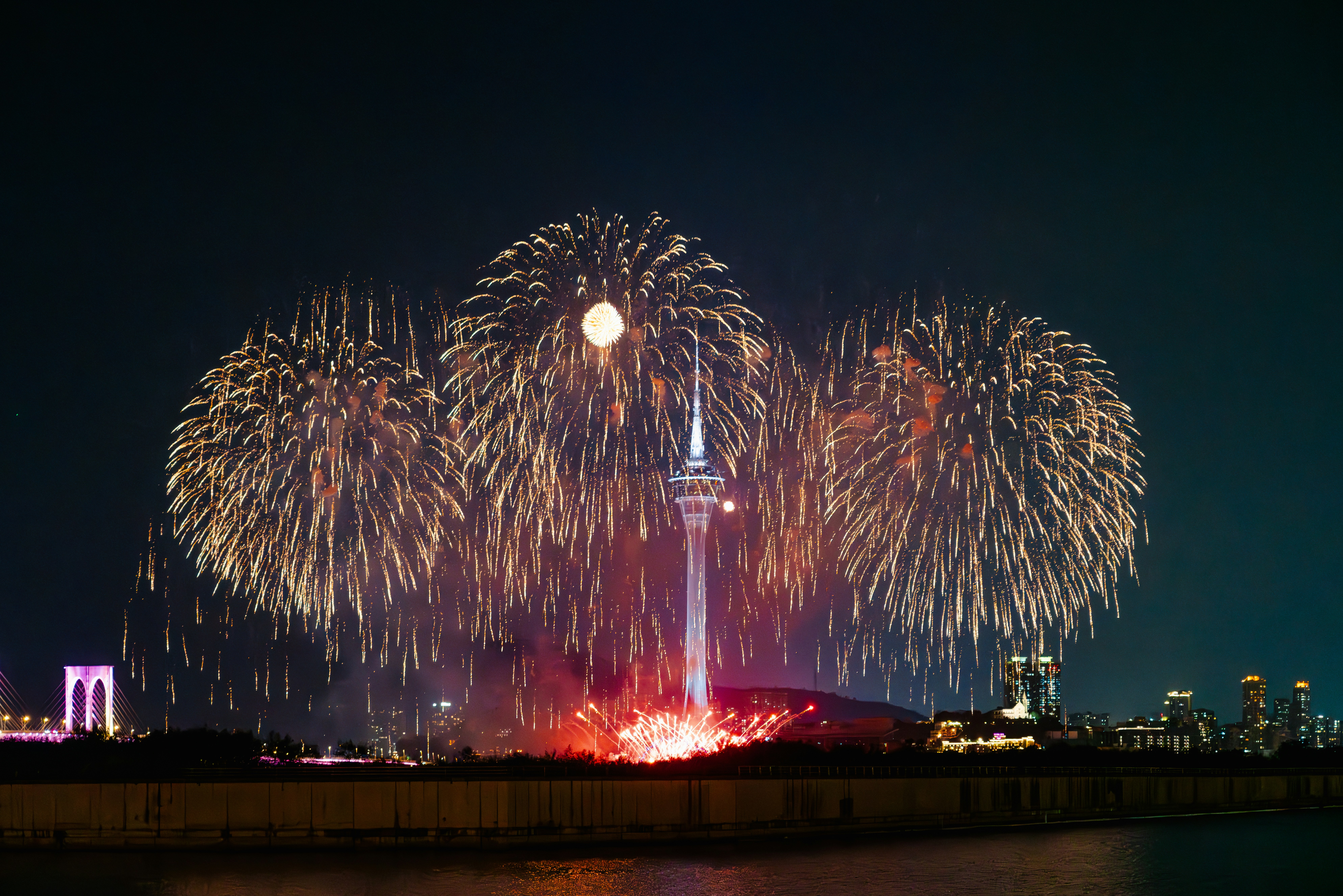 Firework Mirrored Over the Skyline: Night Bloom over the River