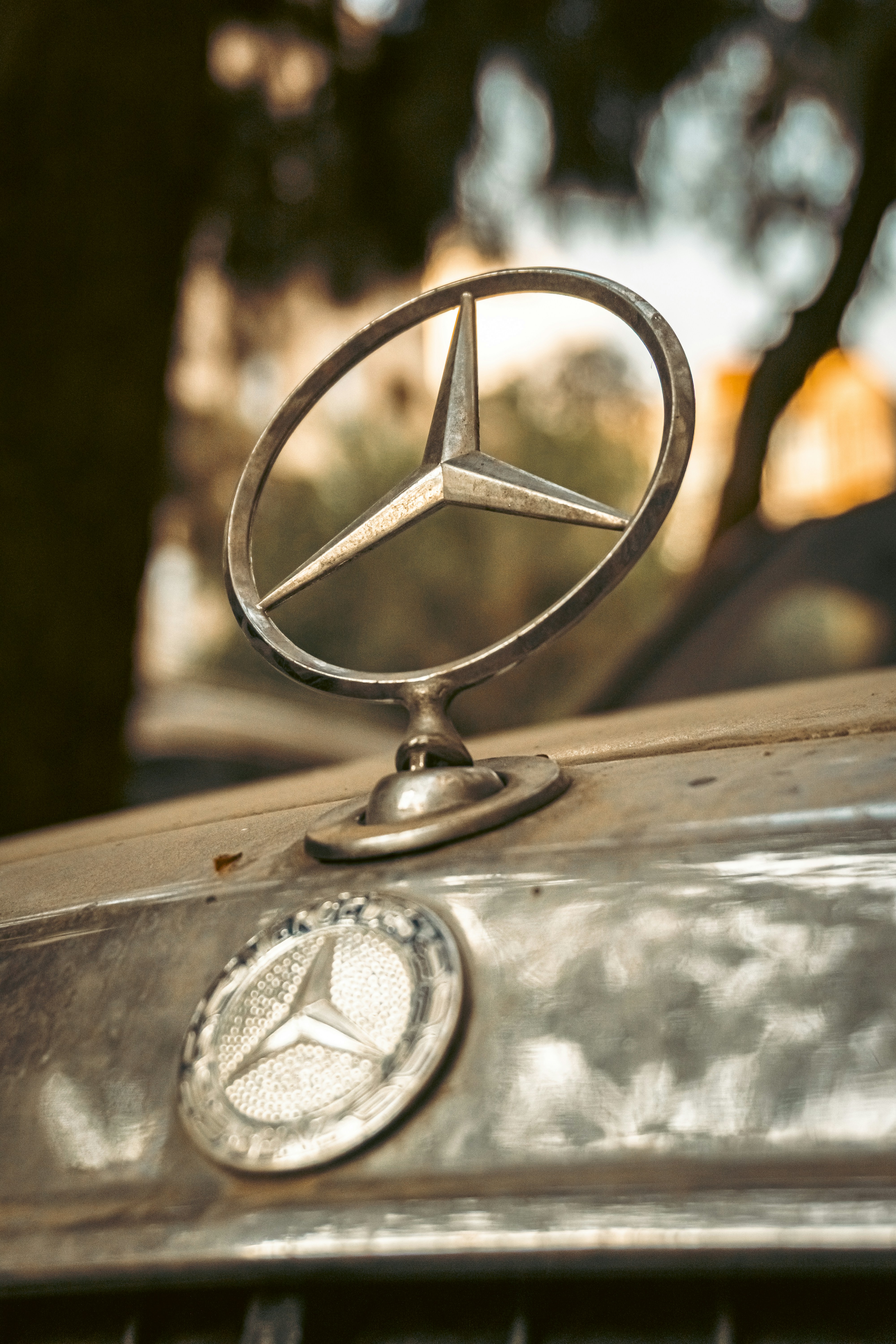 Emblem in Focus: A Classic Mercedes Hood Ornament Framed by Time