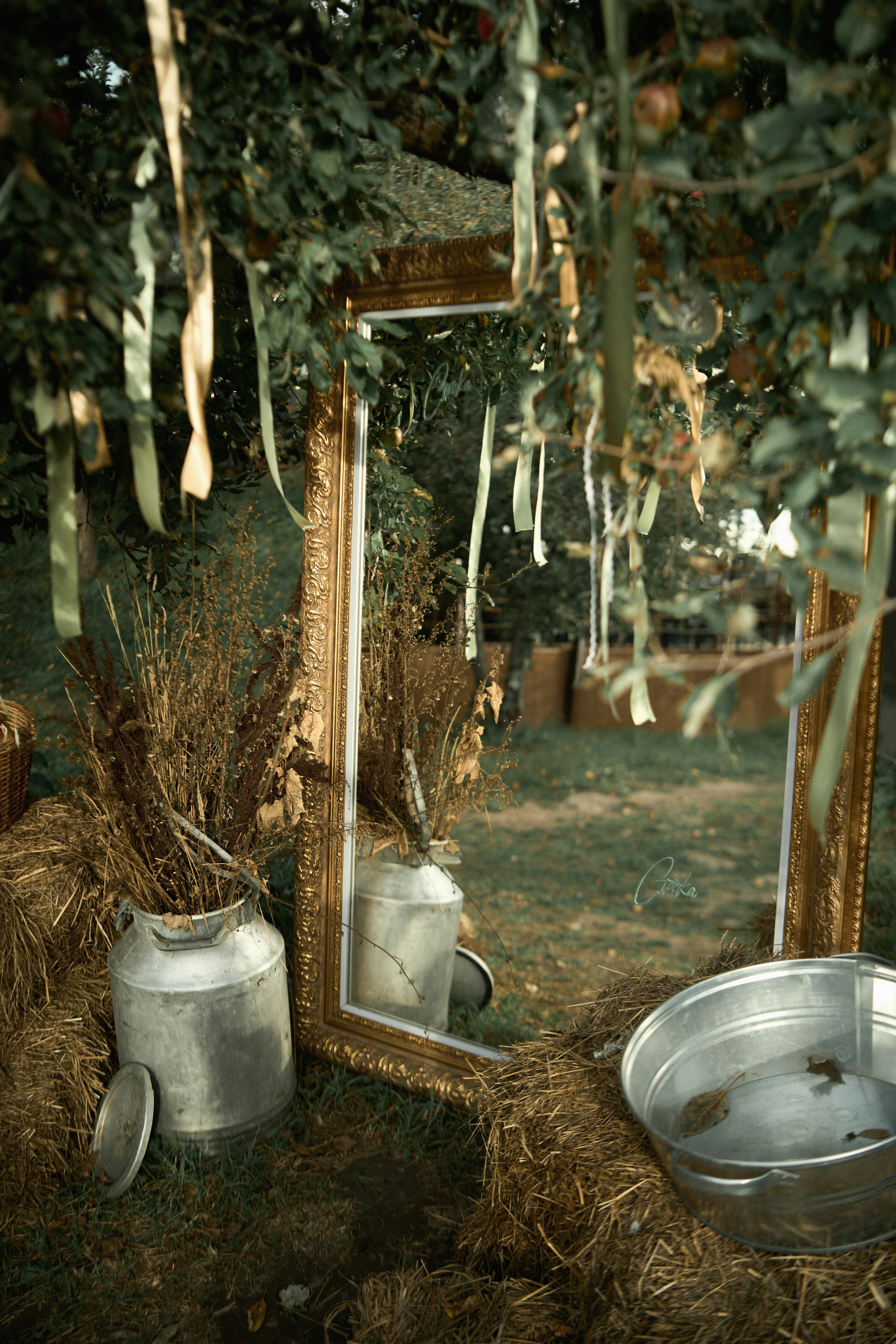 Mirror Orchard: Framed Reflections among Vintage Hay and Metal Basins