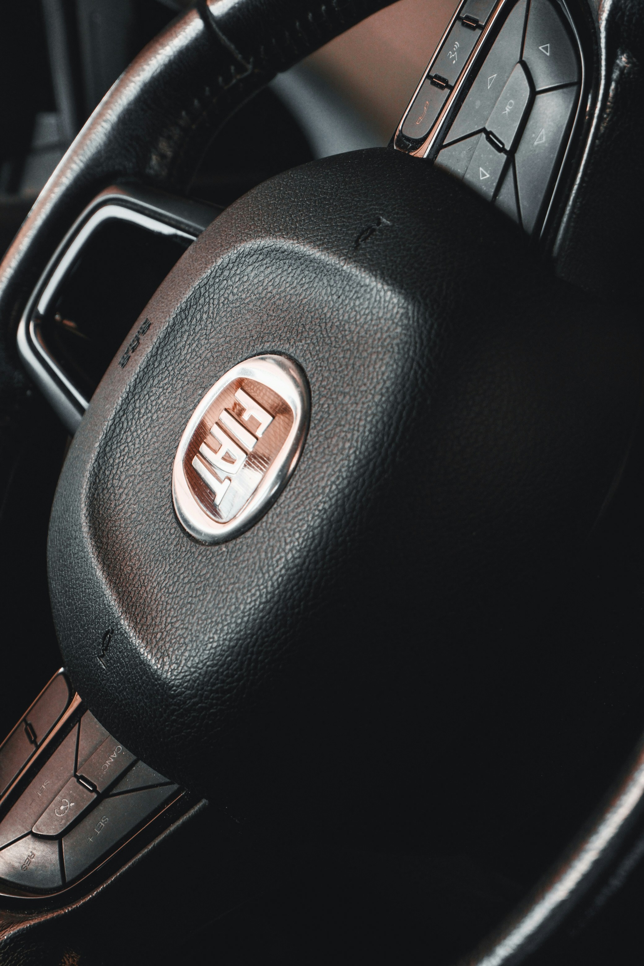 Centered Fiat emblem beneath the steering wheel’s curve