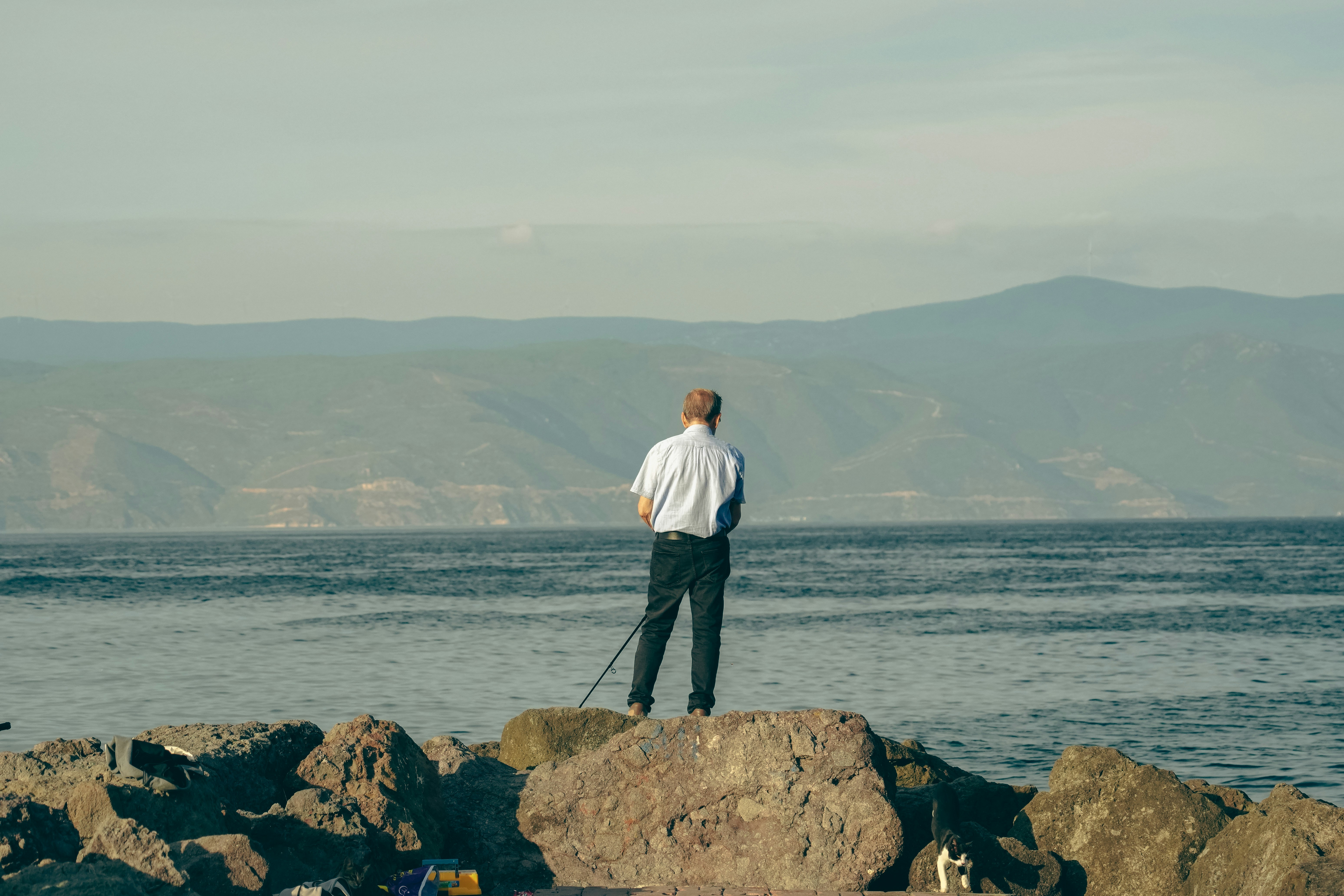 Solitary Stance: A Figure on the Tidal Rocks Gazing Toward the Horizon
