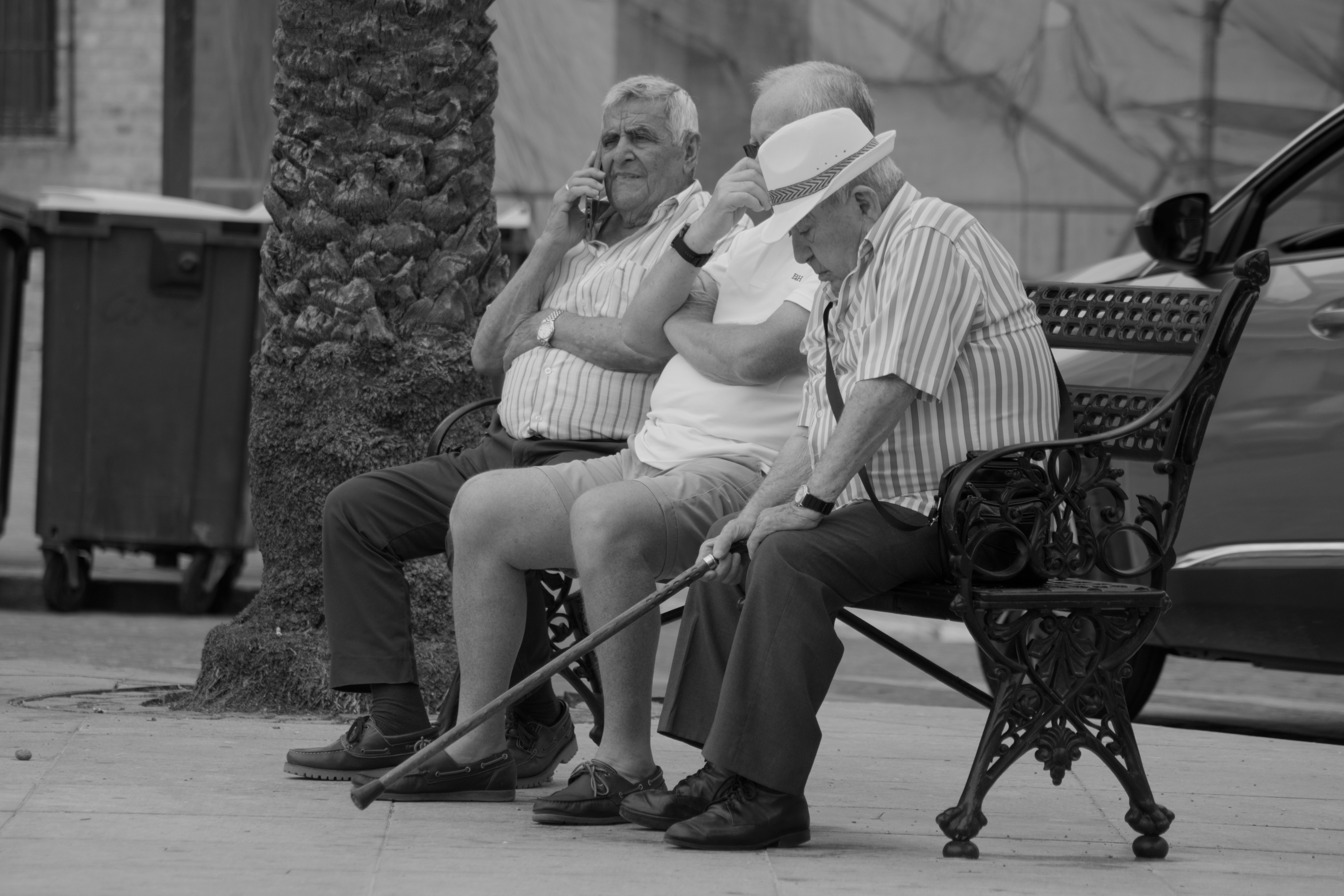 Three Older Men on a Park Bench: A Moment of Pause