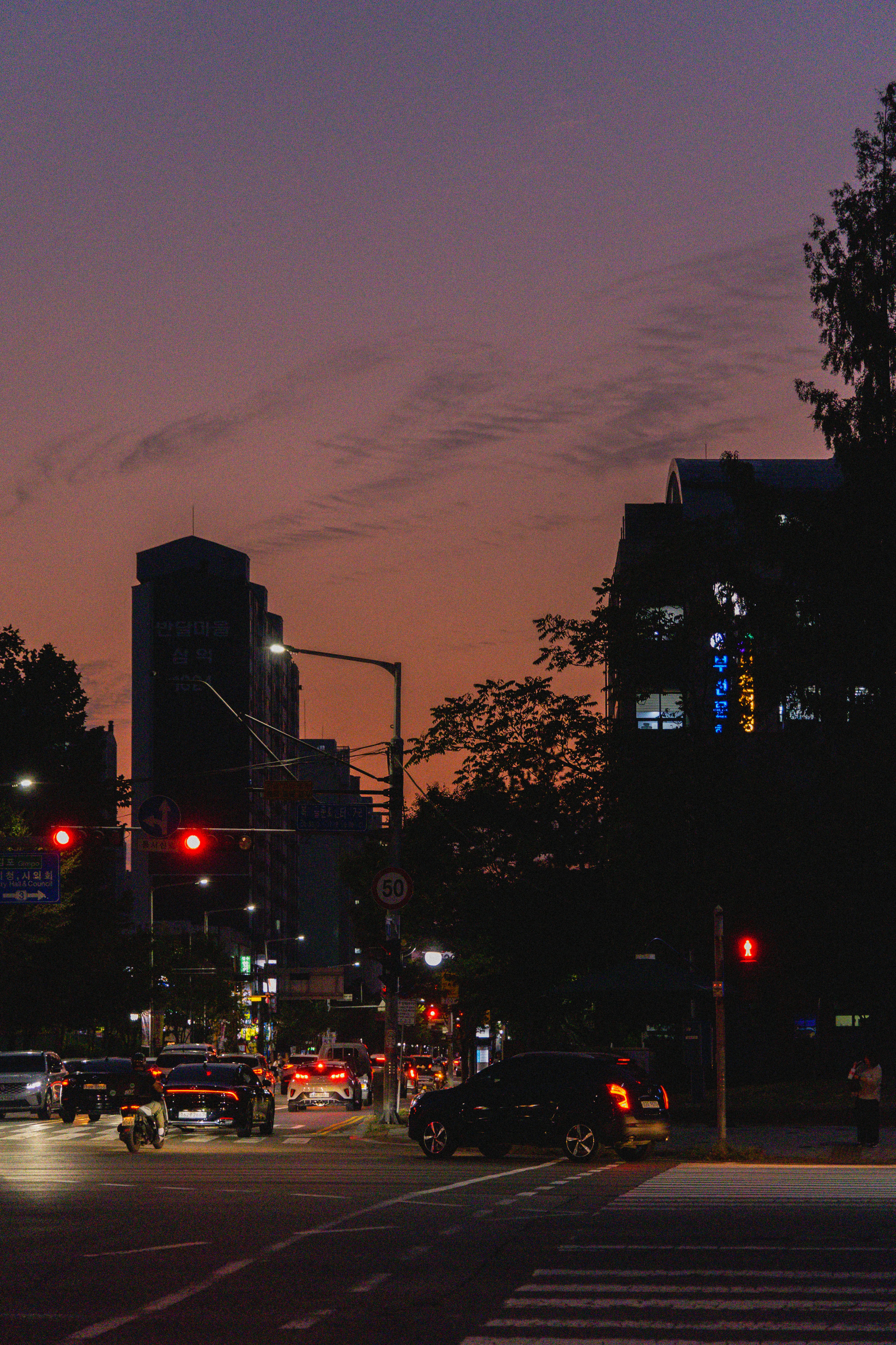 City Twilight: Street Lights, Moving Cars, and the Quiet Edge of Night