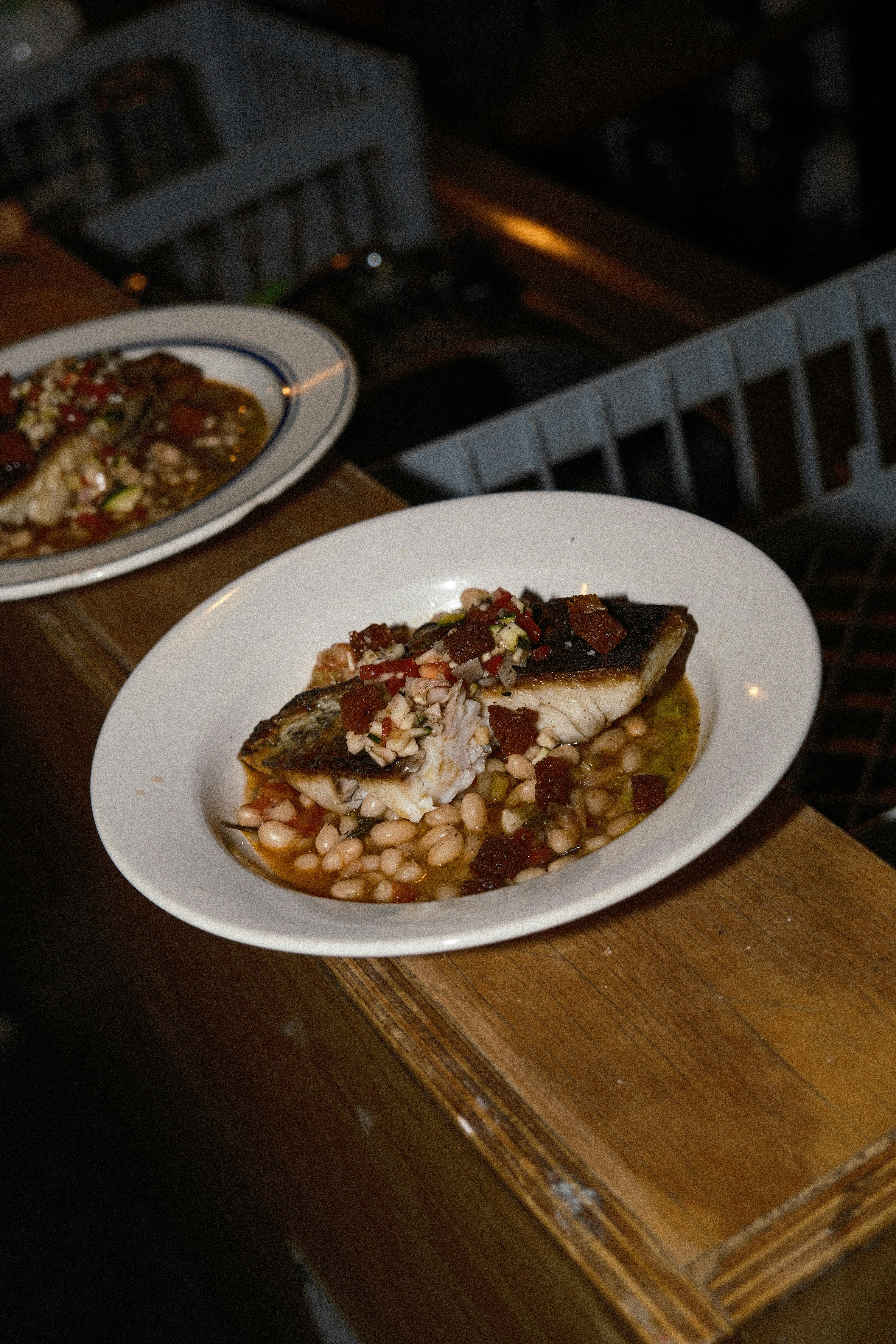 Ocean-velvet Plate: Seared Fish on Bean Relish with Crispy Garnish