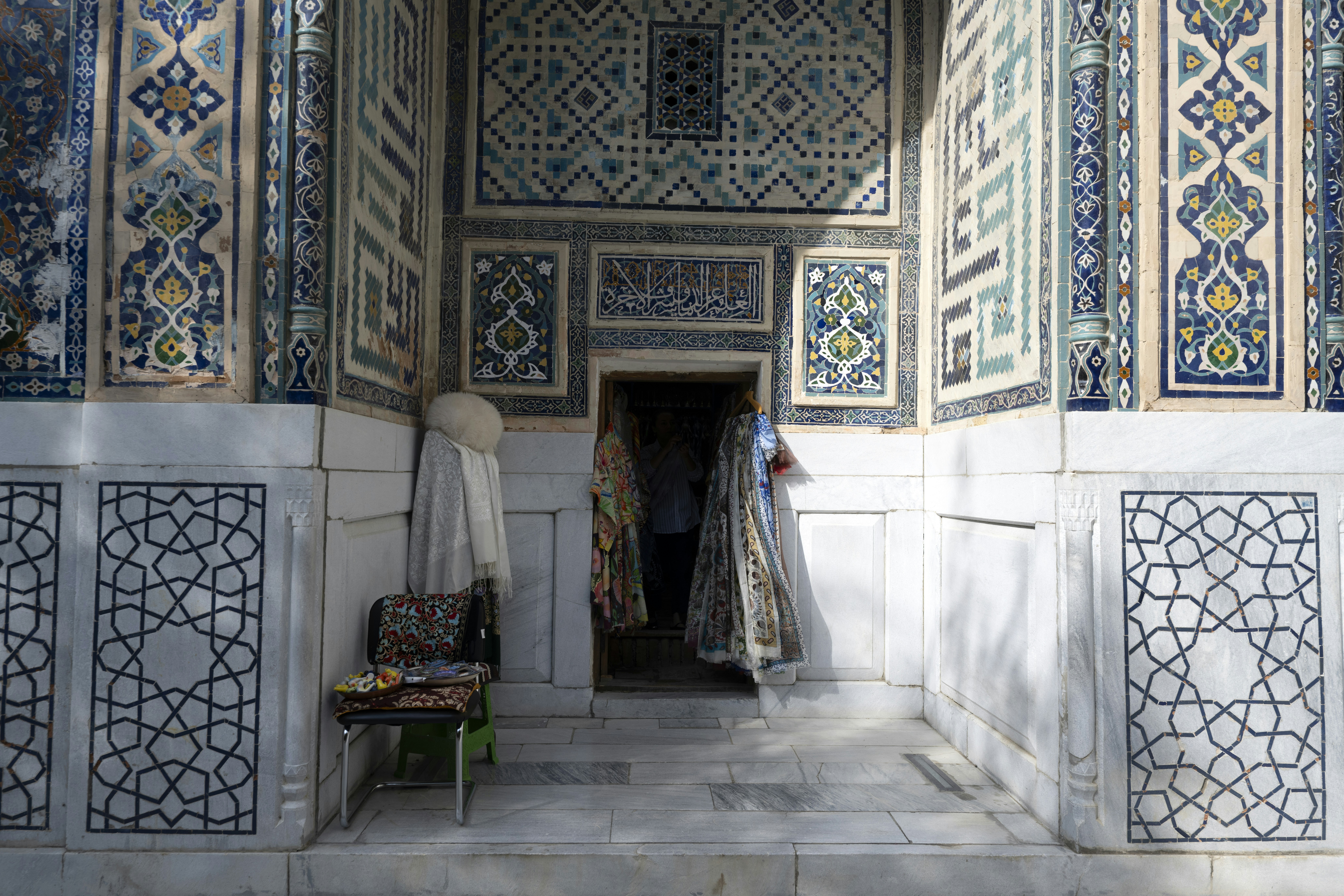 Ornate Tomb Entrance: Persian Tilework Framing a Quiet Vestibule