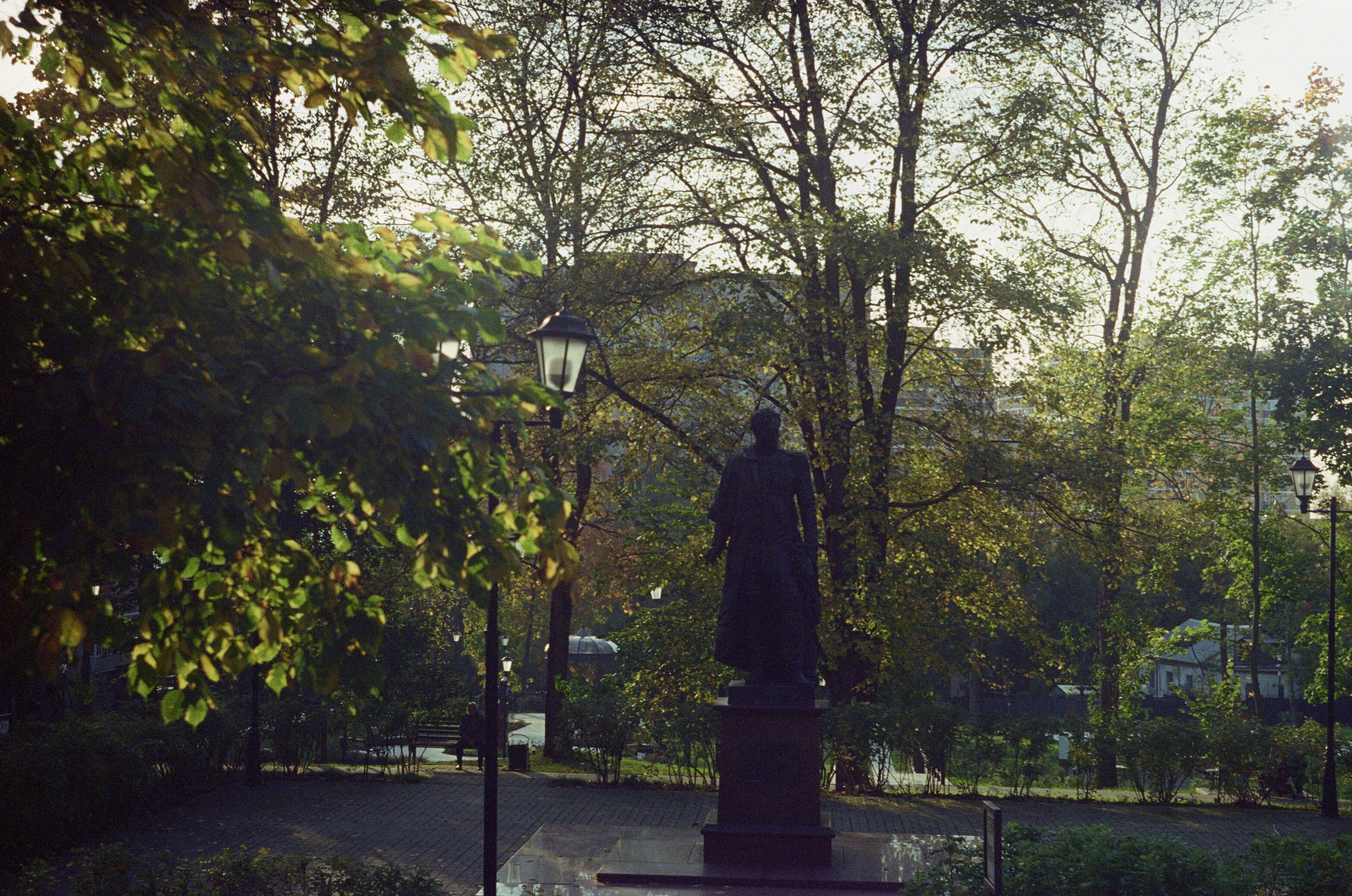 A black monument of a military figure stands on a stone pedestal in a park during autumn. The statue, wearing a long coat and epaulettes, is surrounded by trees with vibrant yellow foliage. A classic black street lamp glows nearby, while a person sits on a bench in the background along a paved path. The sunlight filtering through the leaves creates a warm, peaceful atmosphere, with a faint building visible in the distance.