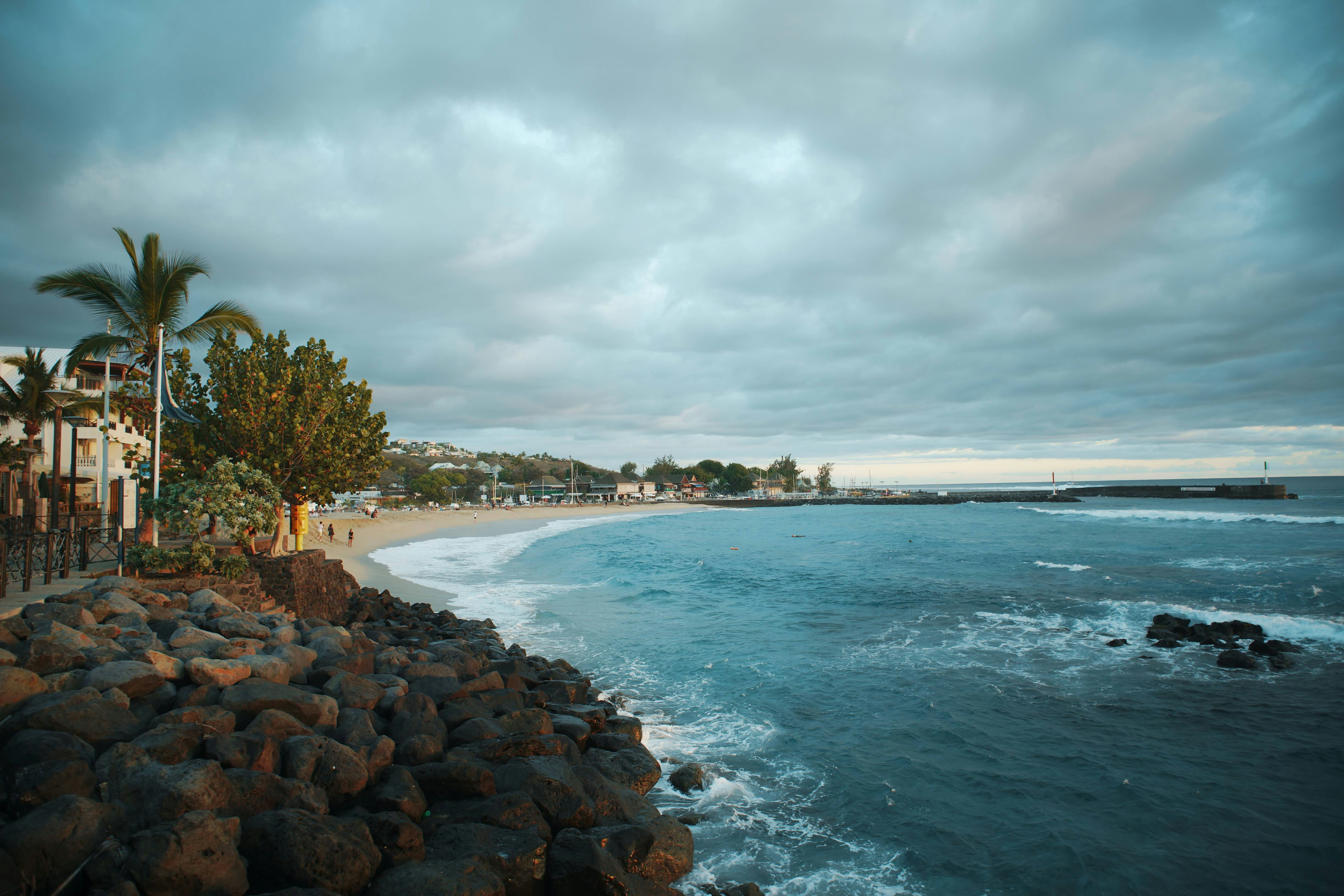A sunlit coastal promenade with palm trees along a rocky shoreline meets a calm turquoise sea under a moody sky.