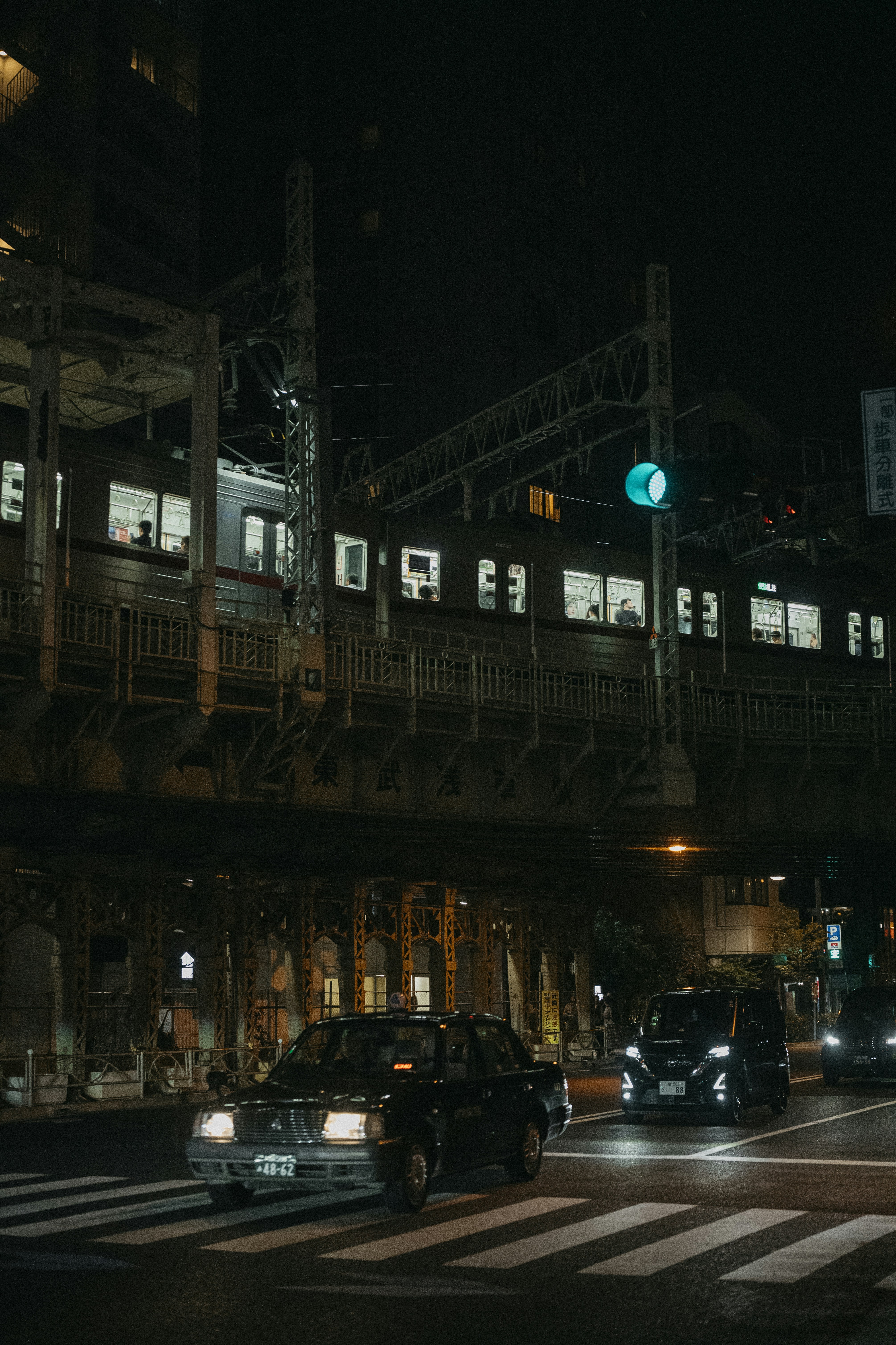 Midnight Metro: A Zebra Crossing Under the Elevated Rails