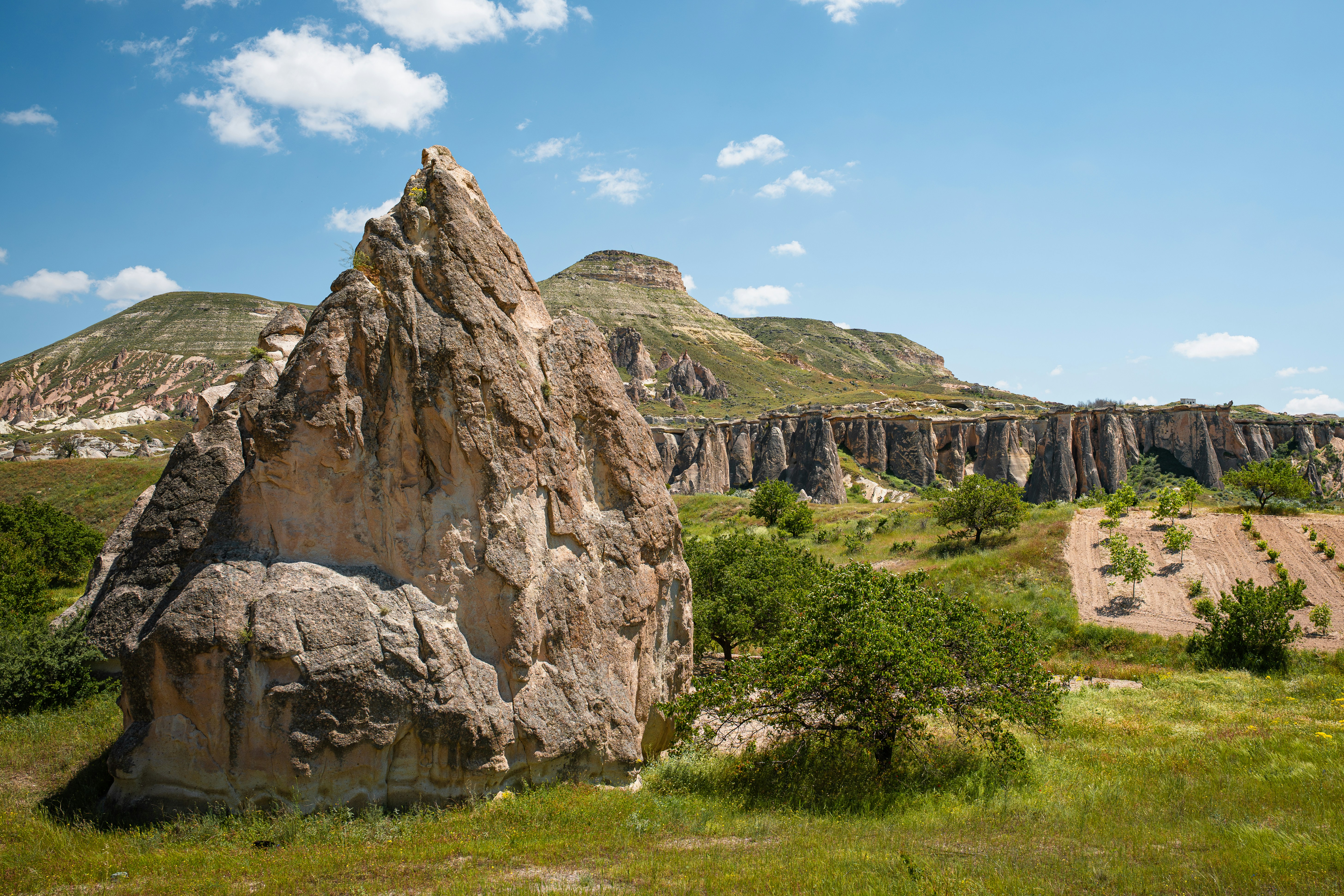 A rugged stone formation rises in a sunlit plains landscape with distant cliffs and sparse trees, capturing a wide, open scene with a bright blue sky.