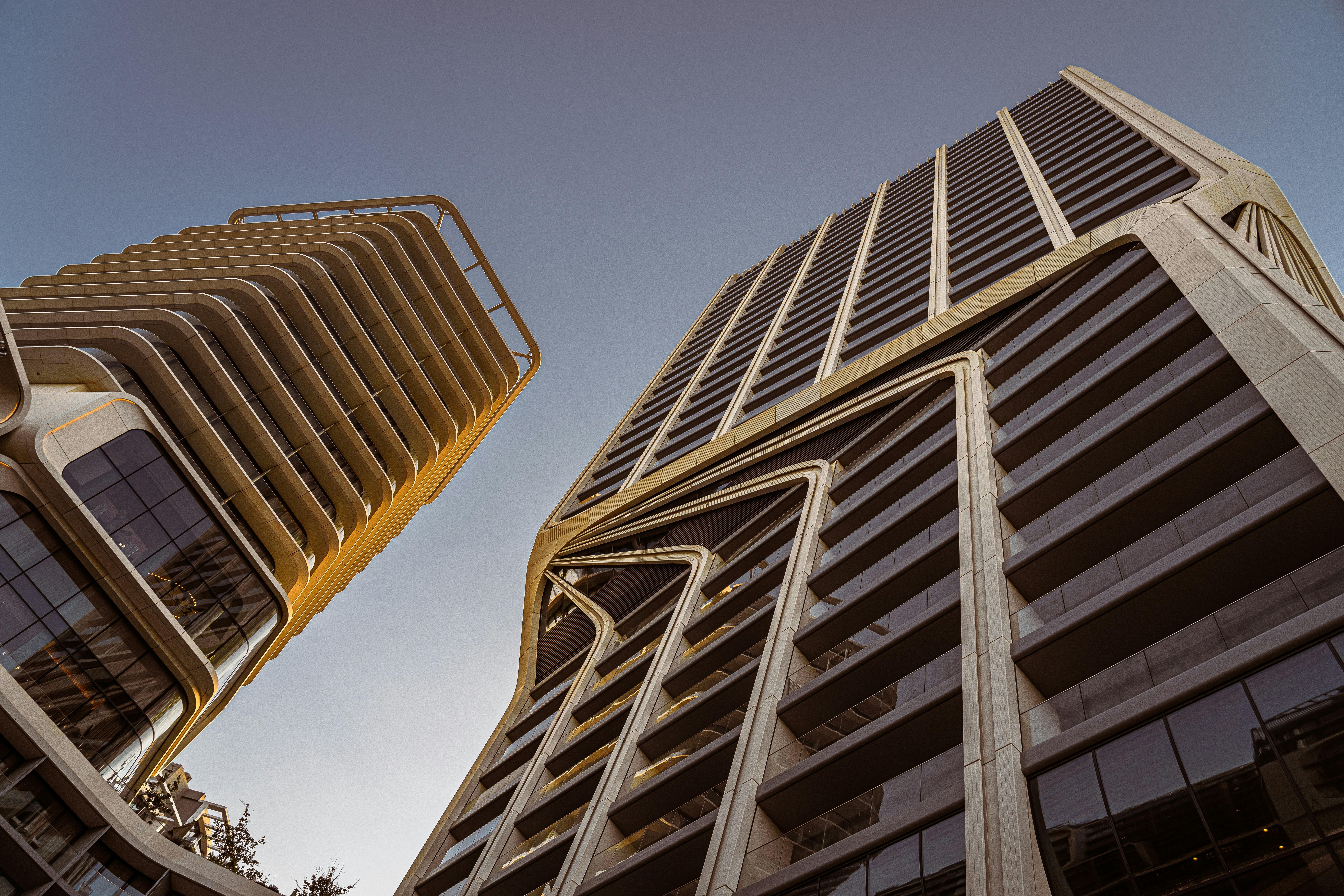 Architectural Convergence: Angled Skyscrapers Reaching Toward the Sky