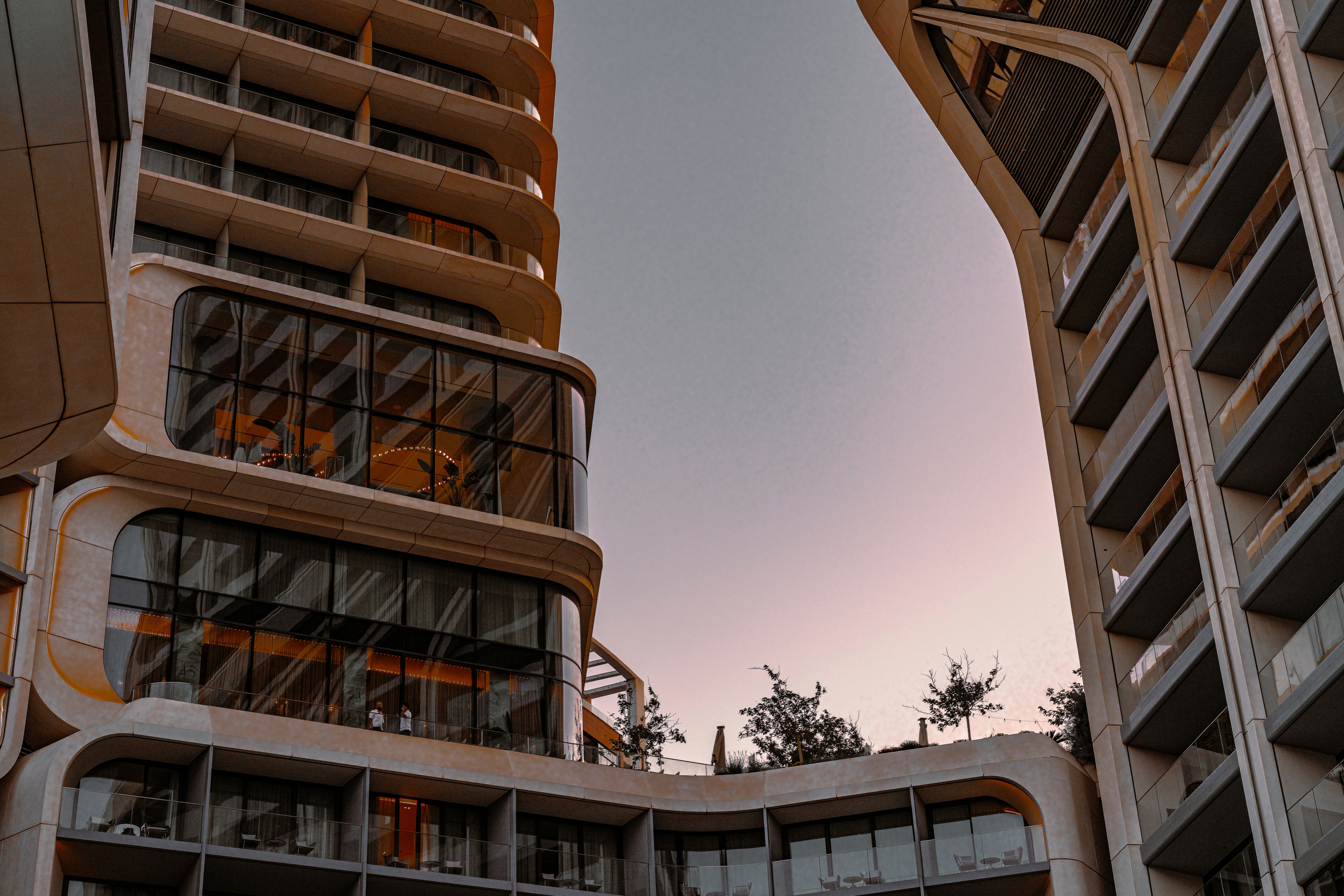Curved Terraces Converging Under a Soft Dusk Sky