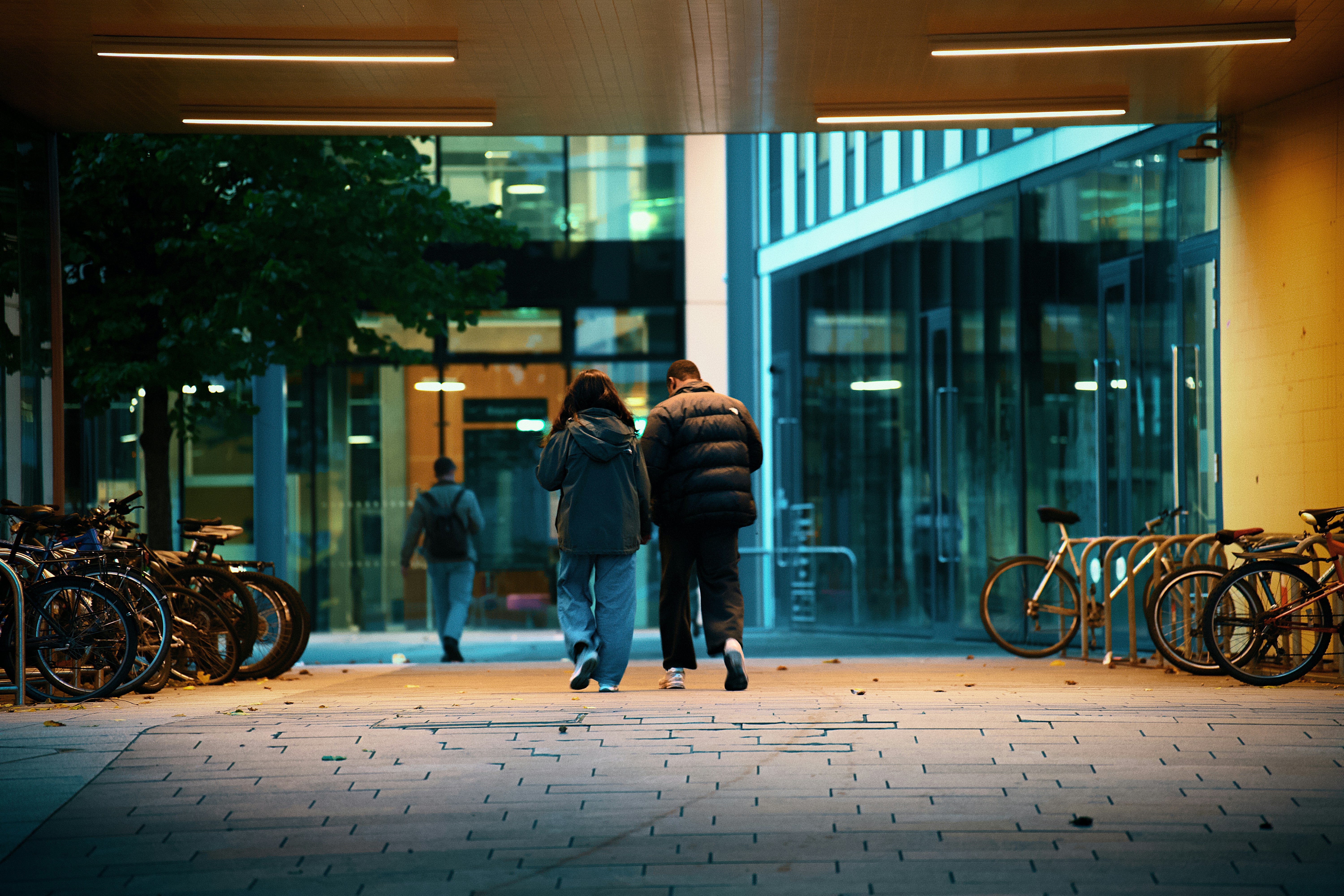 Urban Evening Stroll Beneath Glass and Bicycle Racks