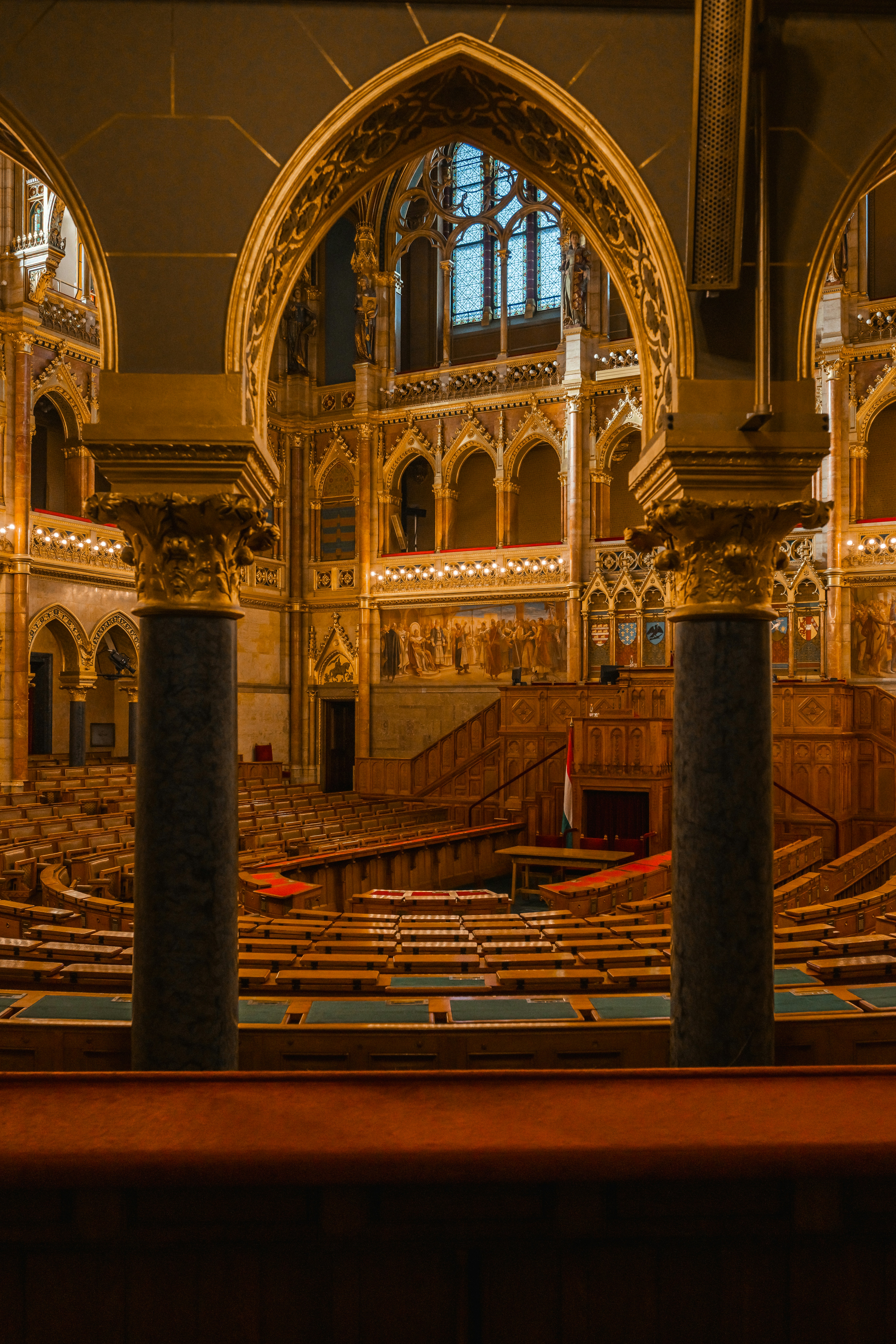 Amber-lit Nave: Gothic Architecture Framed by Columns