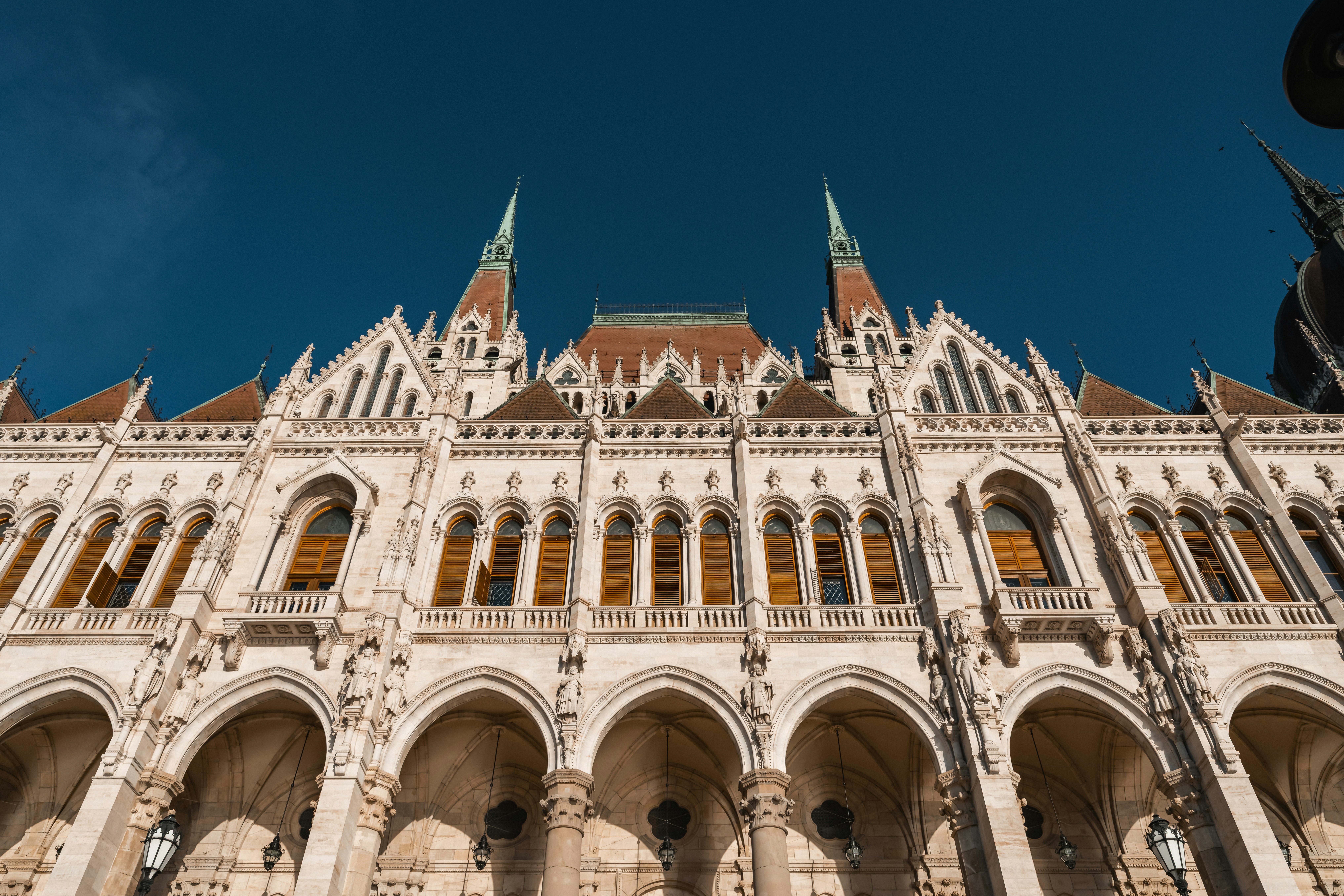 Gothic Facade in Flush: The Hungarian Parliament Building from a Low Angle
