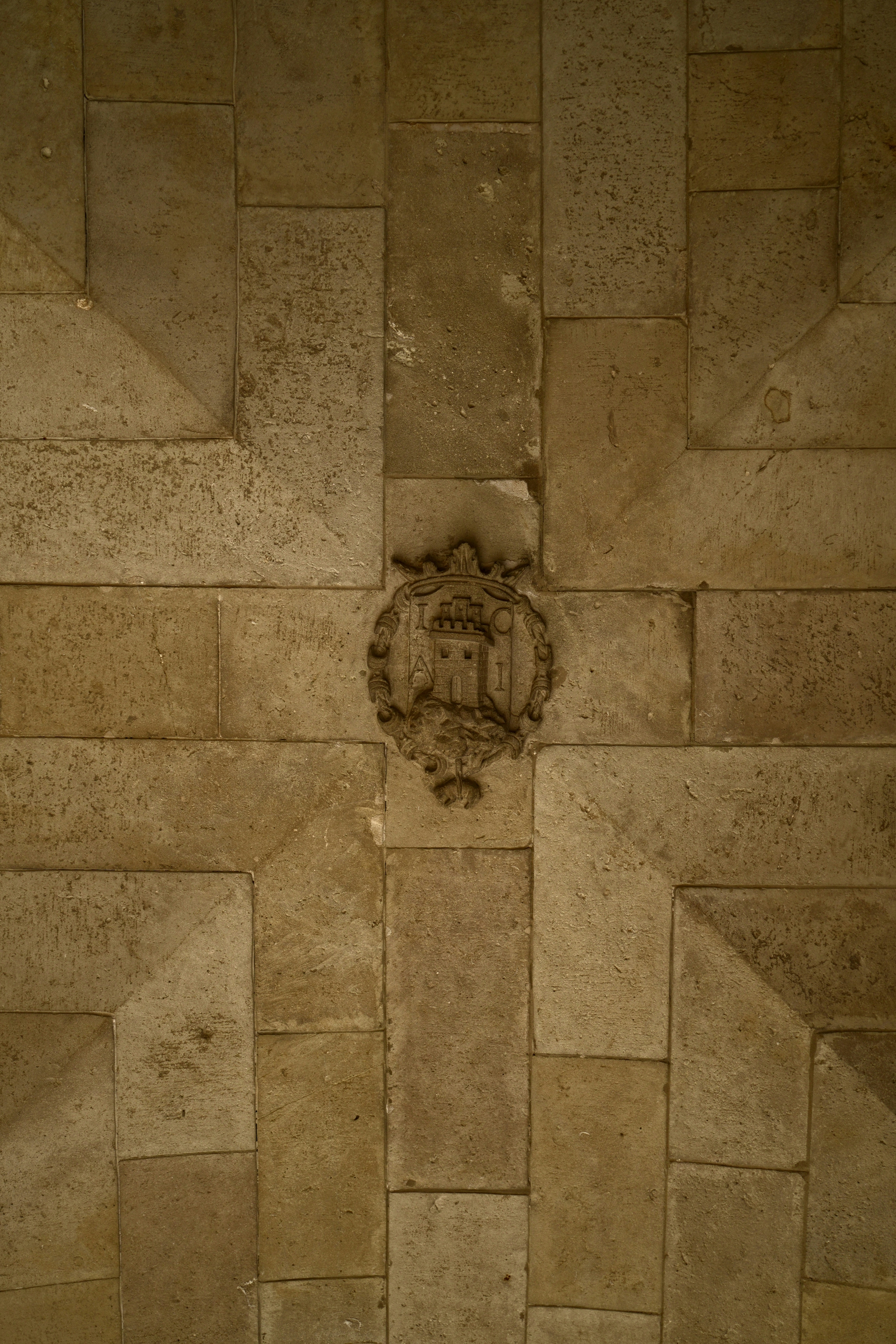 A close-up of a carved emblem set within a geometric stone floor, emphasizing texture and patina on ancient paving stones. Identified as a carved crest embedded in the tilework.