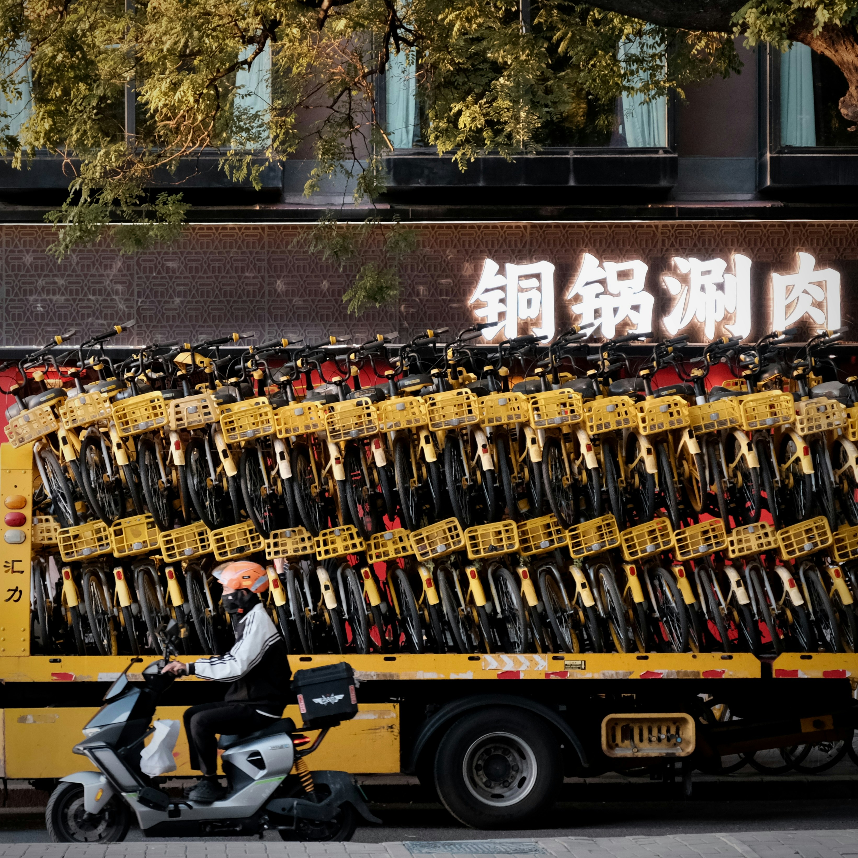 Chain of Yellow Bicycles: A Street Loaded with Shared Rides