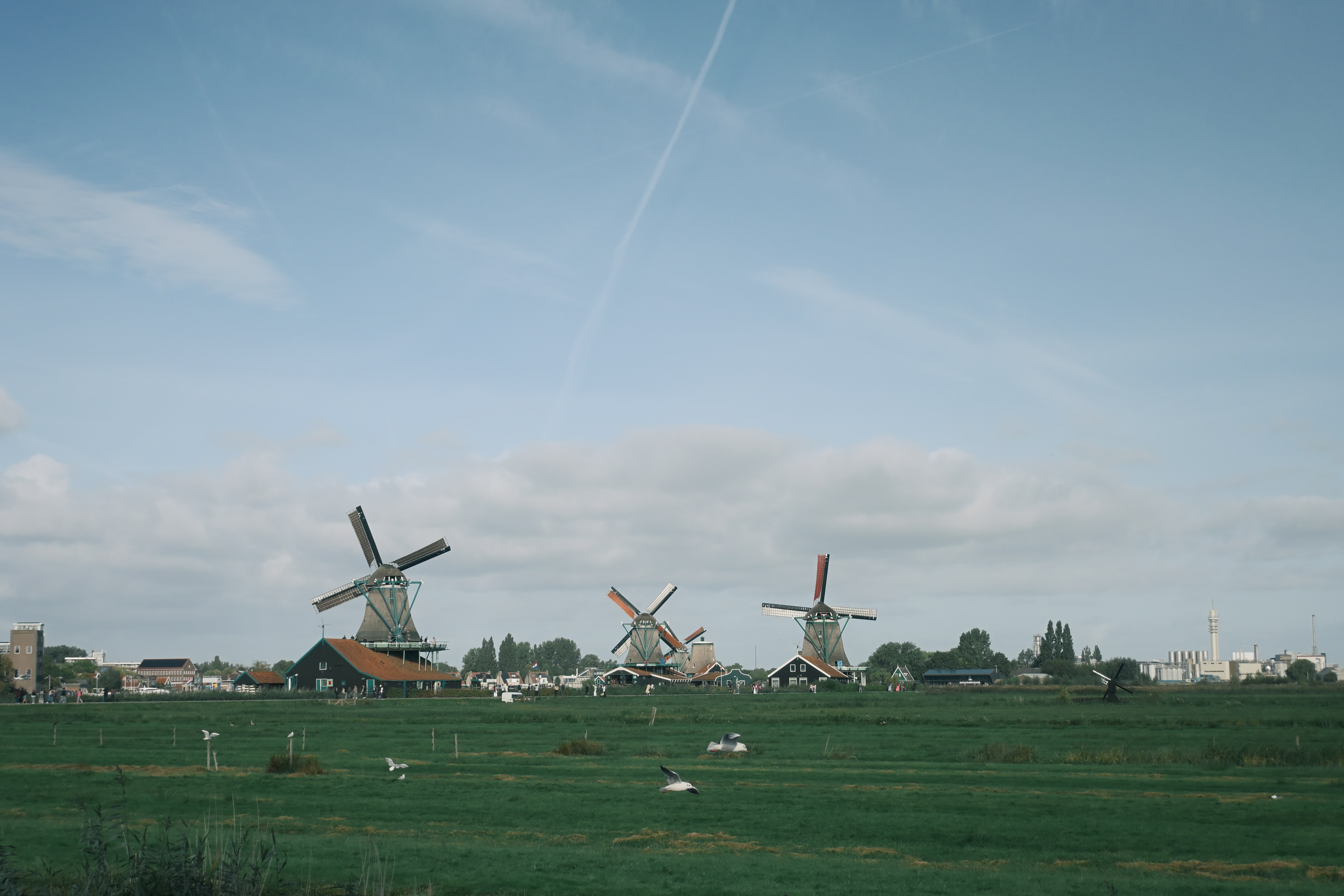 Three Windmills on a Dutch Landscape under a Clear Sky