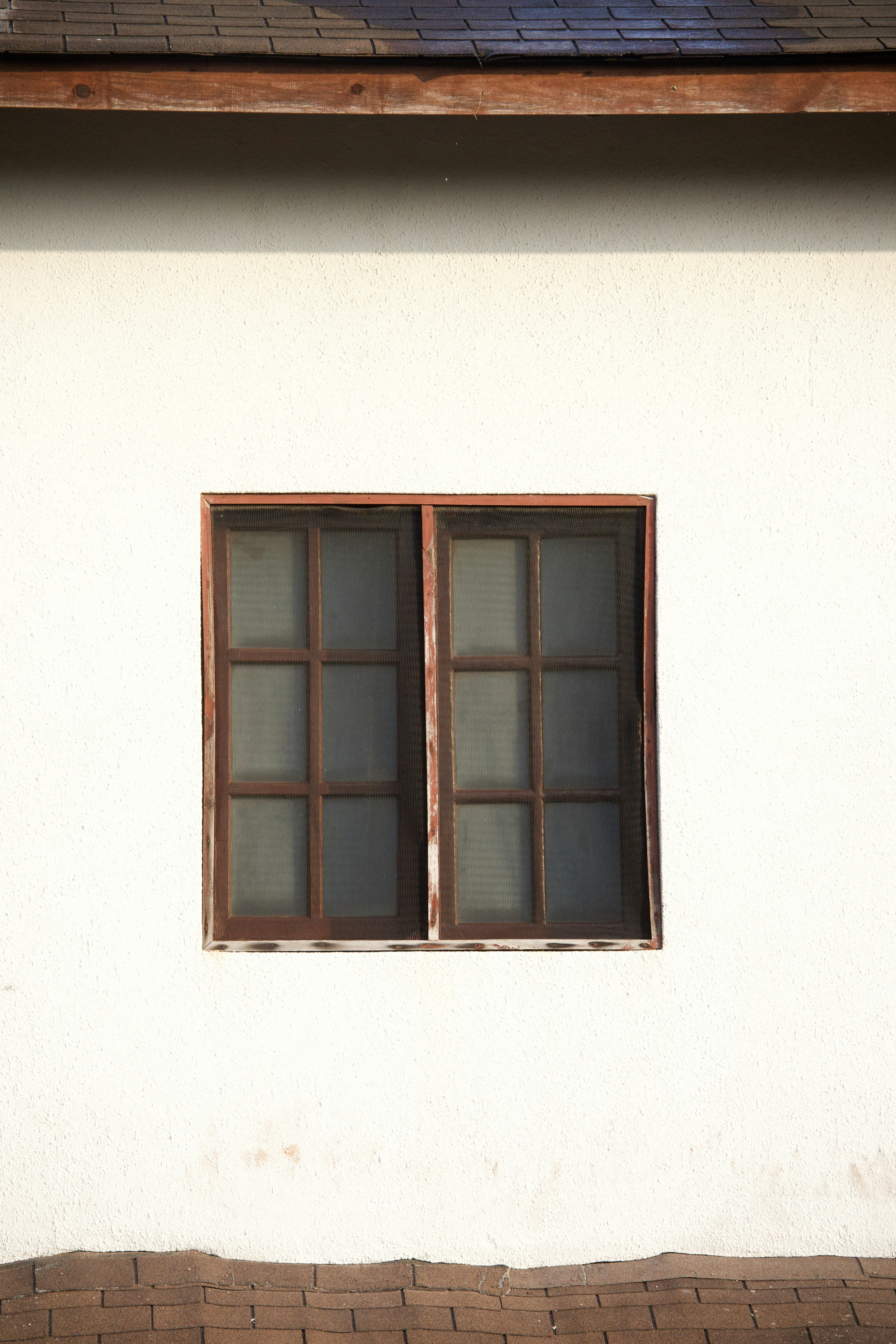 Windowed Silence: A Minimalist Facade Framed by Rustic Rooflines