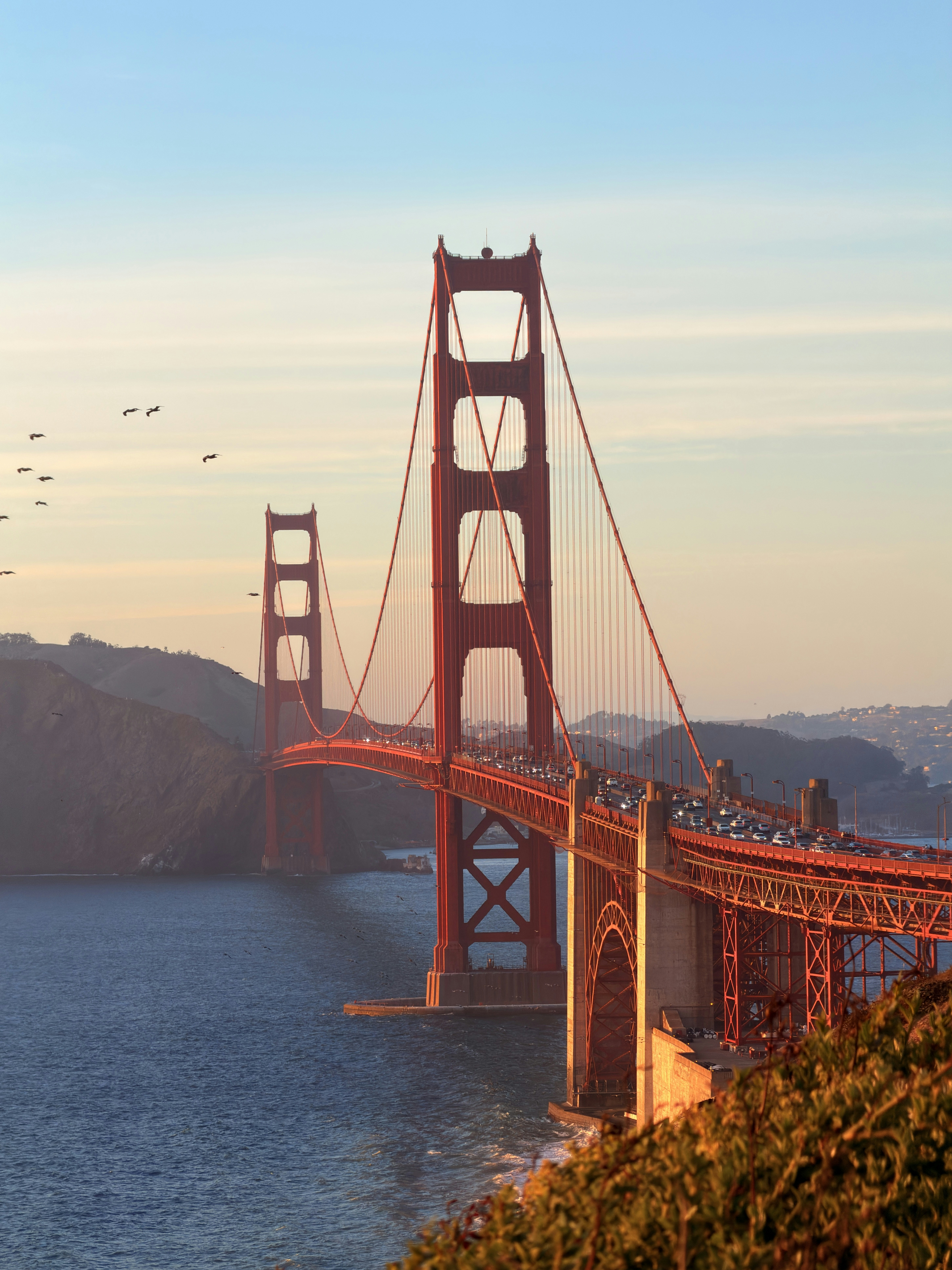 Sunset-lit Golden Gate Bridge spans a shimmering bay with distant hills and a flock of birds overhead, emphasizing the structure against a pastel sky.