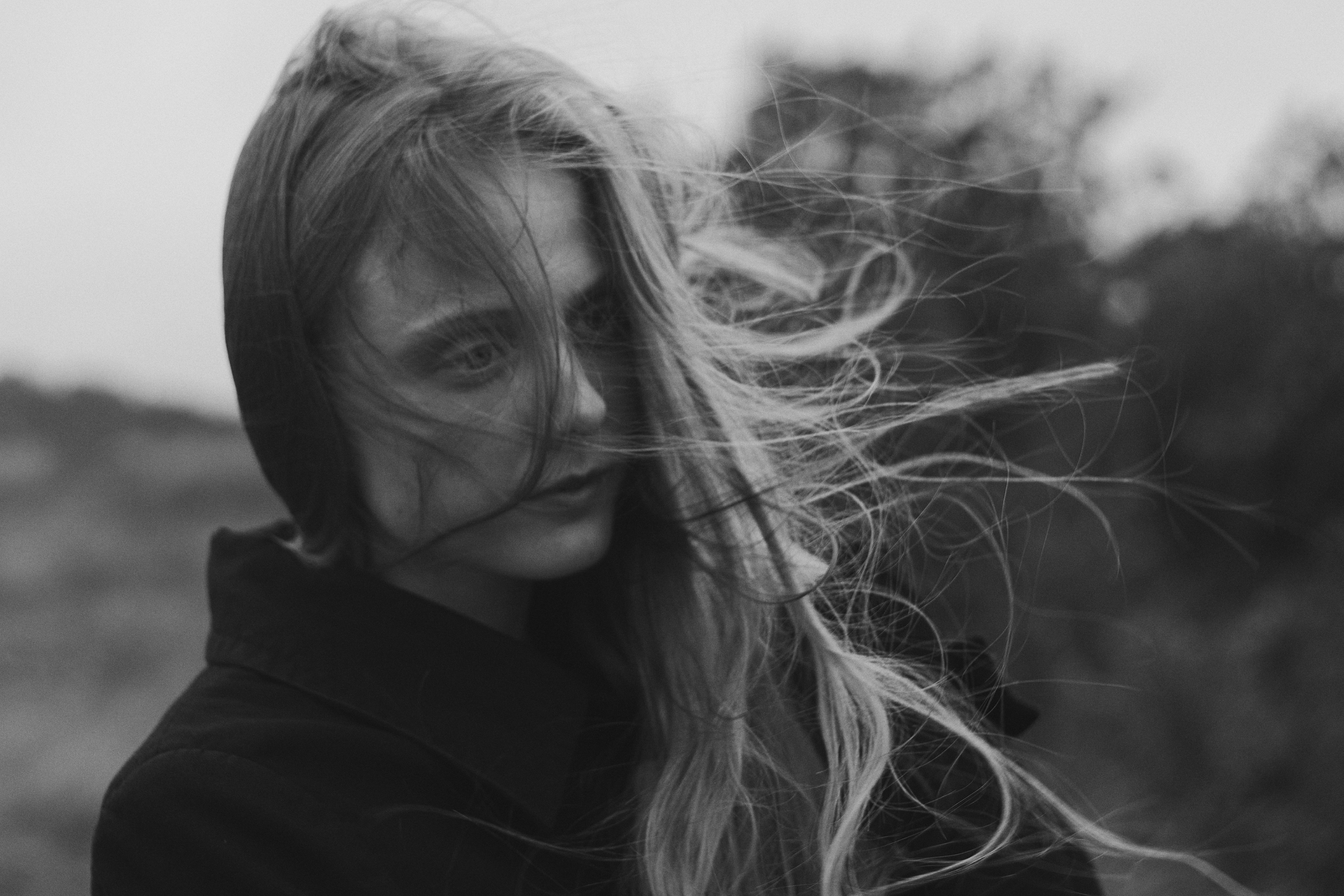 Wind-Tangled Portrait in Mono