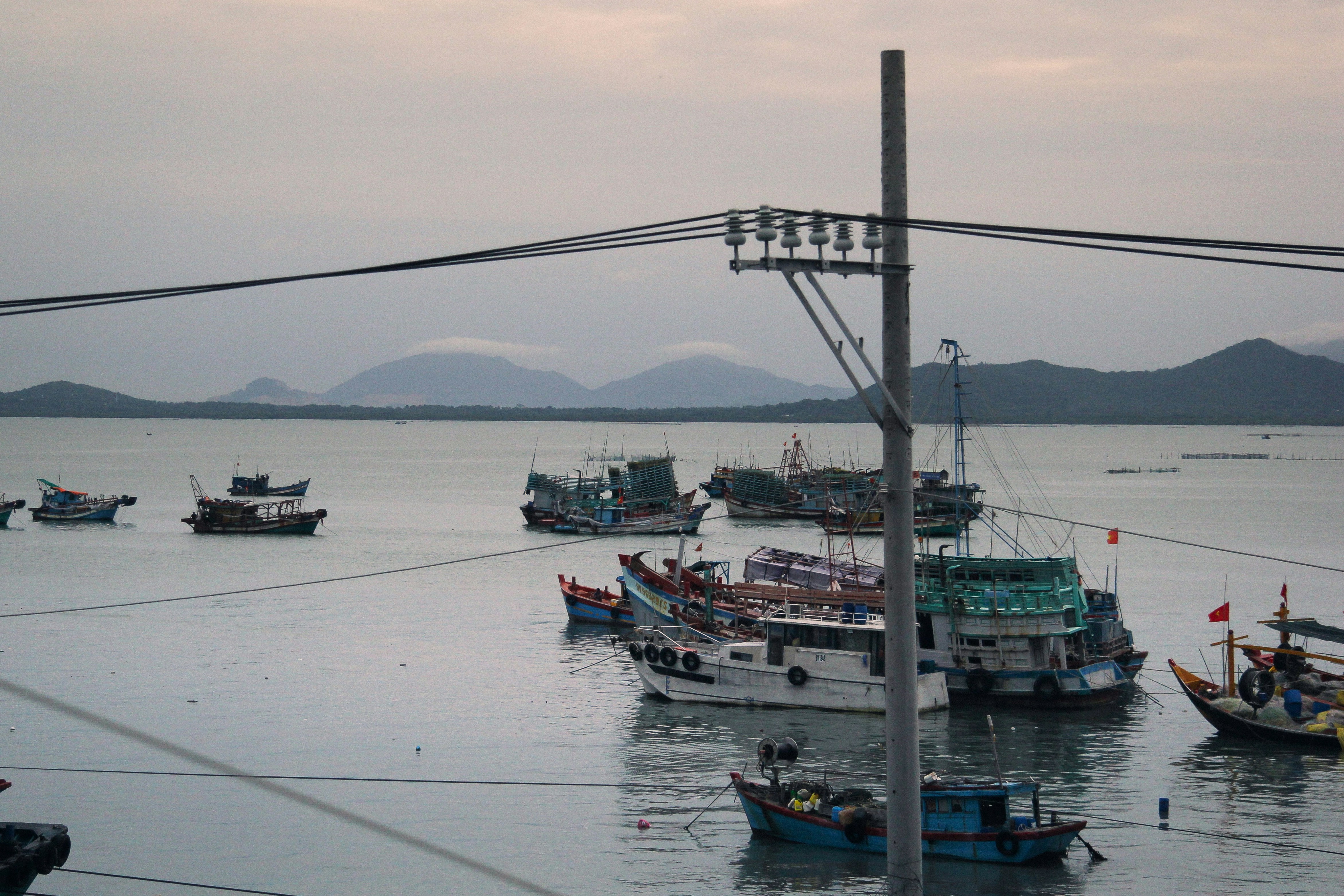 Cluster of colorful boats rests on calm water with distant, rounded hills under a pale sky; utility pole and power lines frame the scene, suggesting a quiet coastal port.