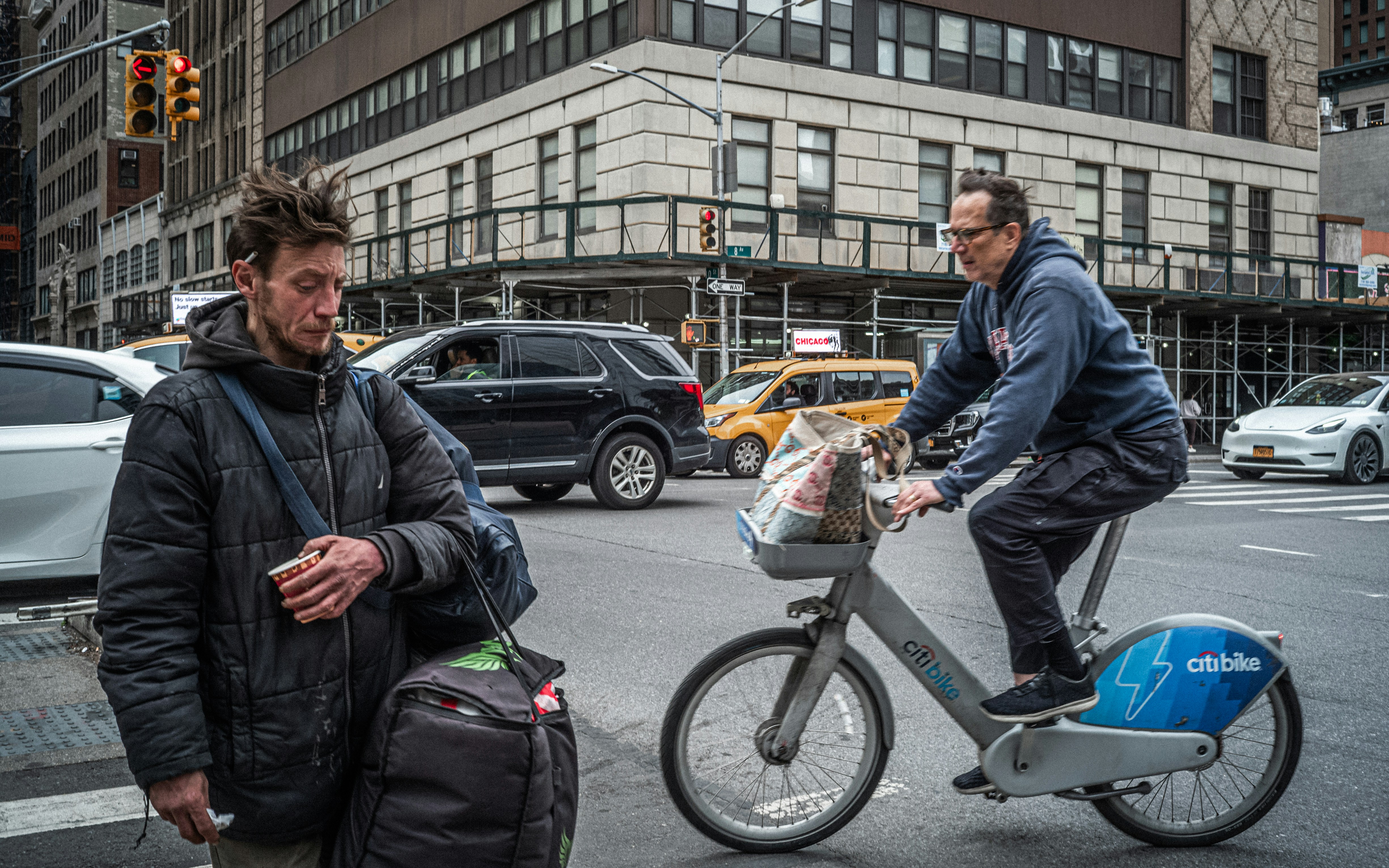 Crossroads of Motion: Man with Bag vs Rider on a City Bicycle