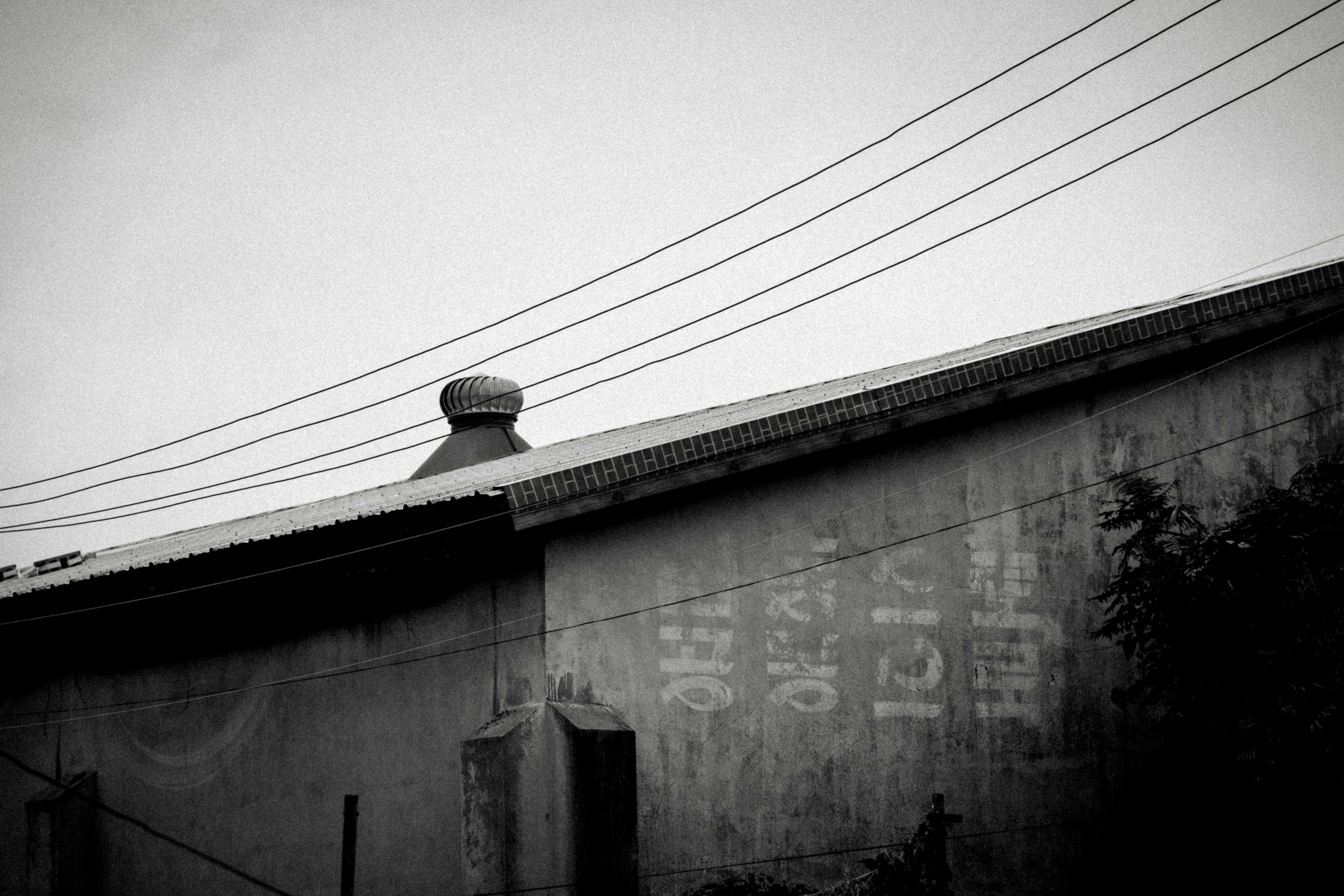 Monochrome urban scene featuring a curved rooftop edge, a chimney-like vent, and overhead utility lines against a weathered wall with faded markings.