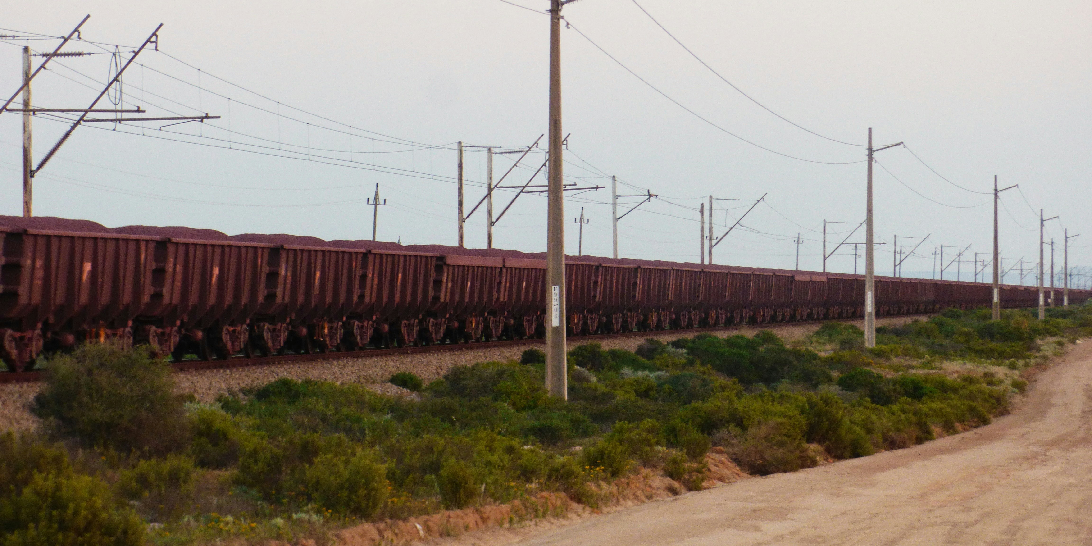 Desert Rail Corridor: A Line of Freight Cars under Sparse Telegraph Poles