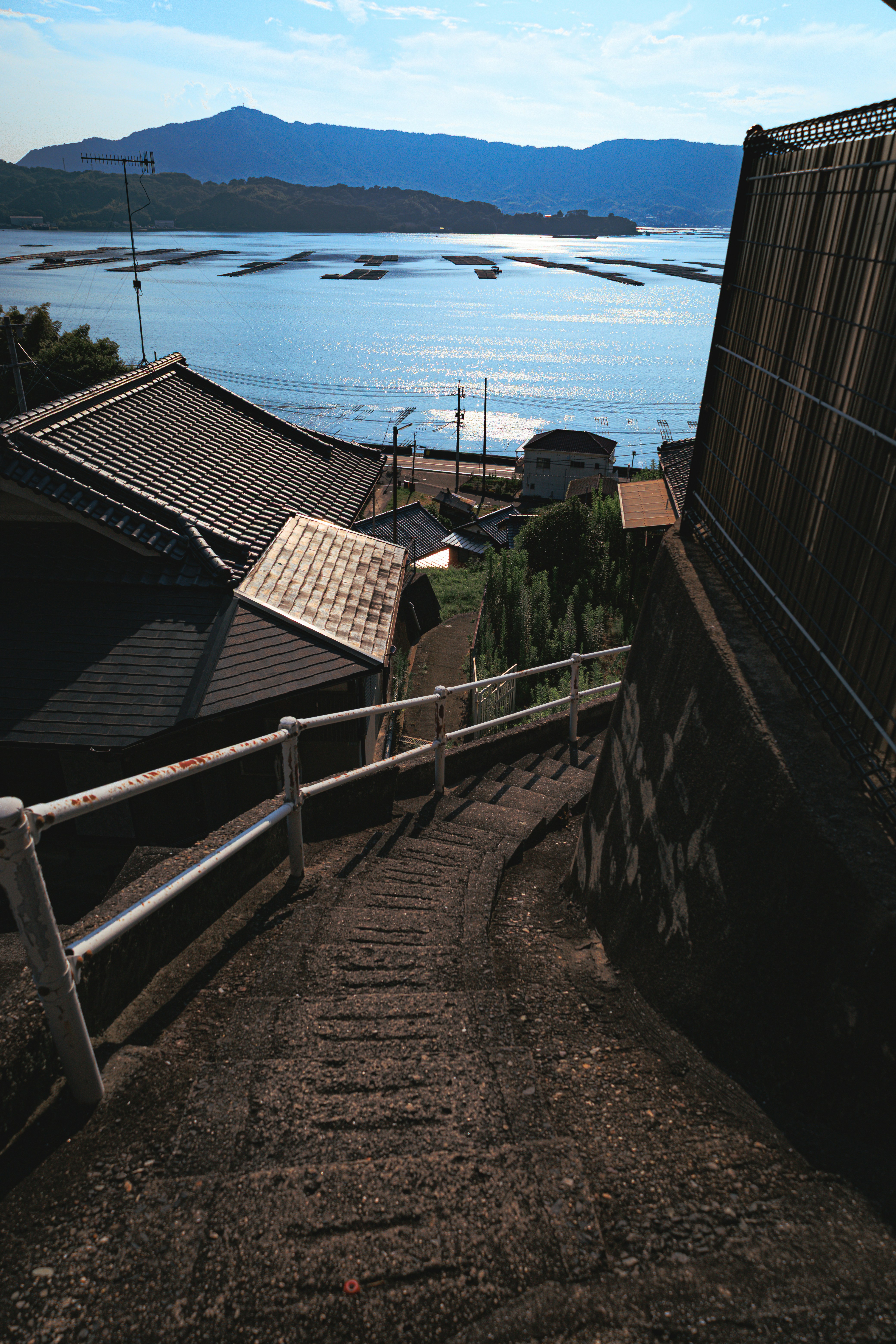 Sunlit Steps to the Sea: A Narrow Terrace Descent Toward the Distant Bay