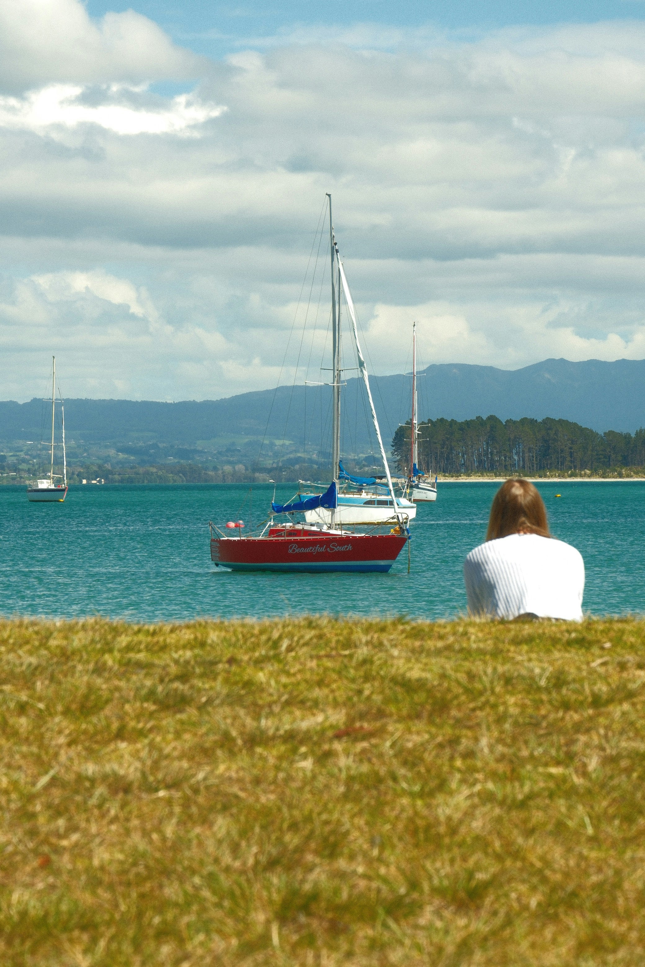 Quiet Shoreline Rendezvous: Sailboats Hovering Near a Seated Observer