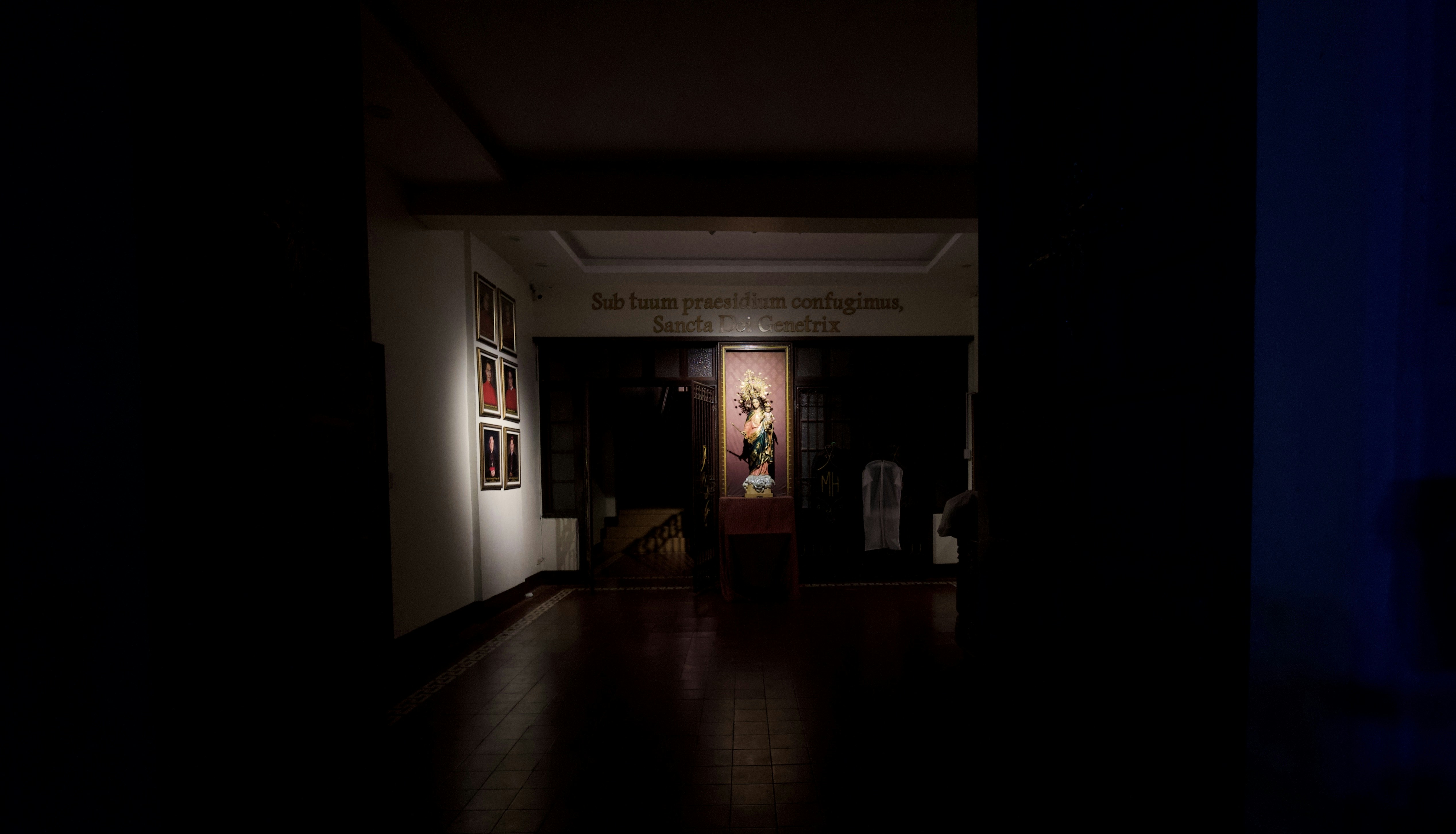 A statue of the Virgin Mary in a dimly lit church interior