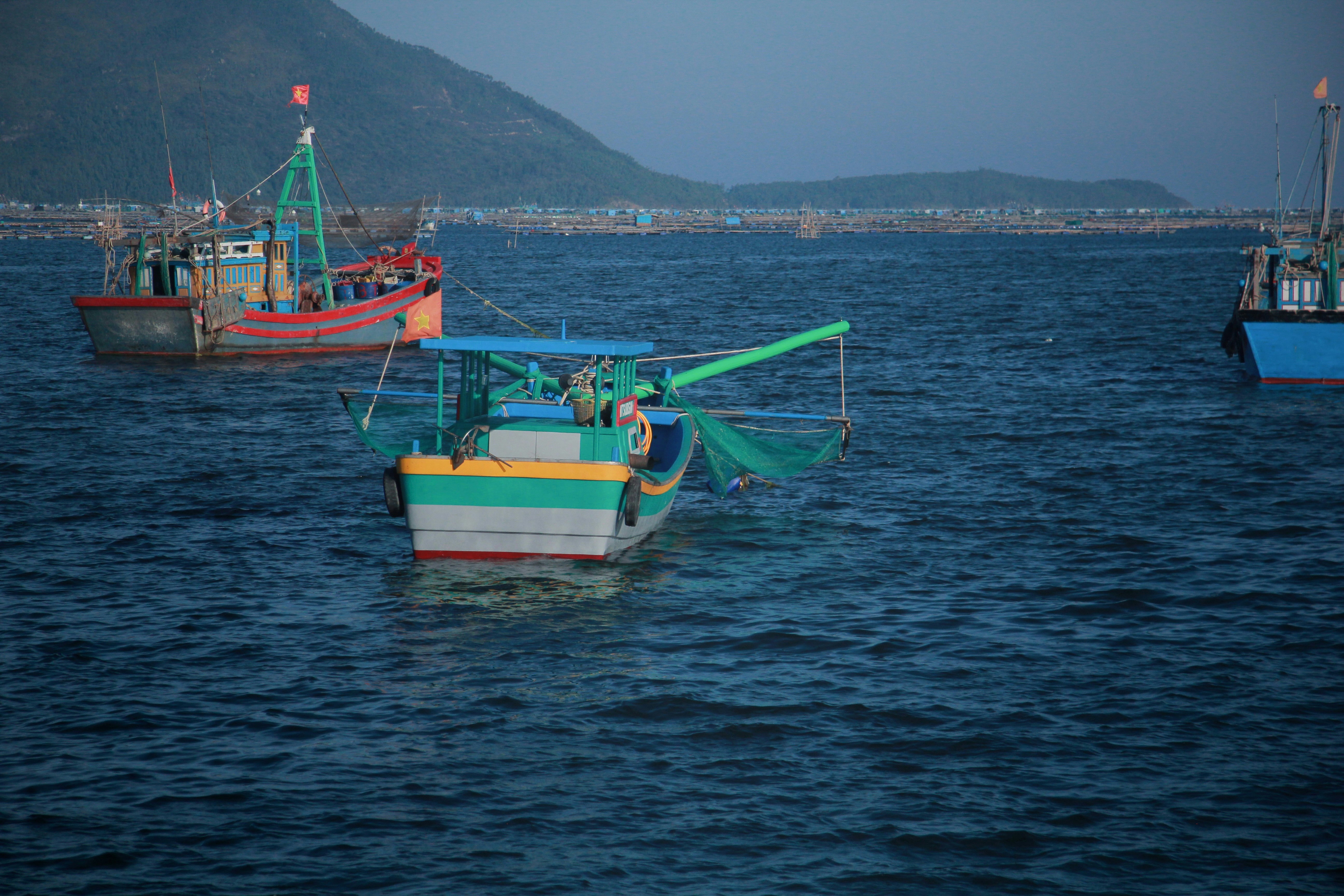 Coastal Ferry Meet: Colorful Boats Idle Between Blue Horizons
