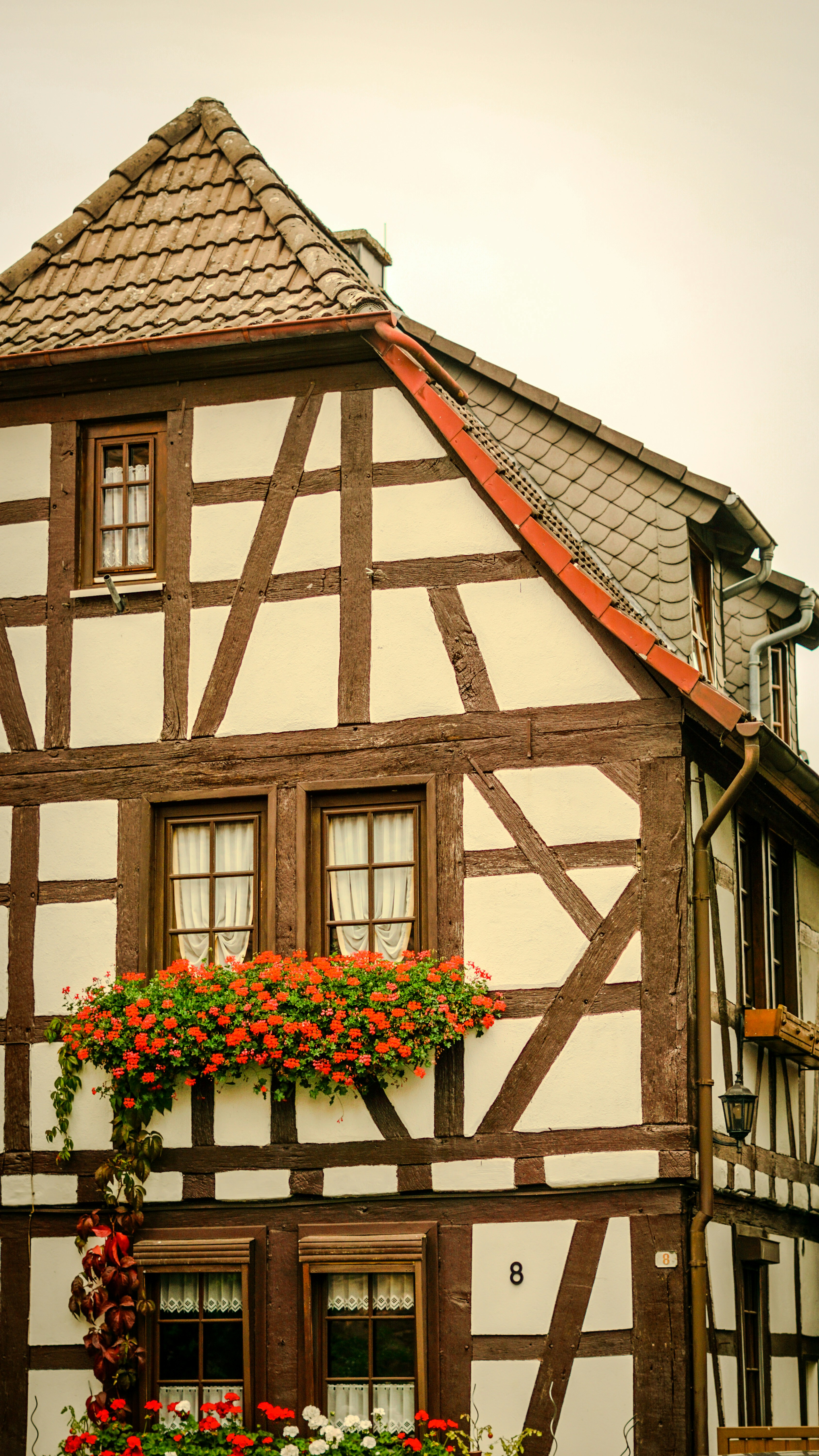 Timbered Facade in Bloom: A Charming German Half-Timbered House