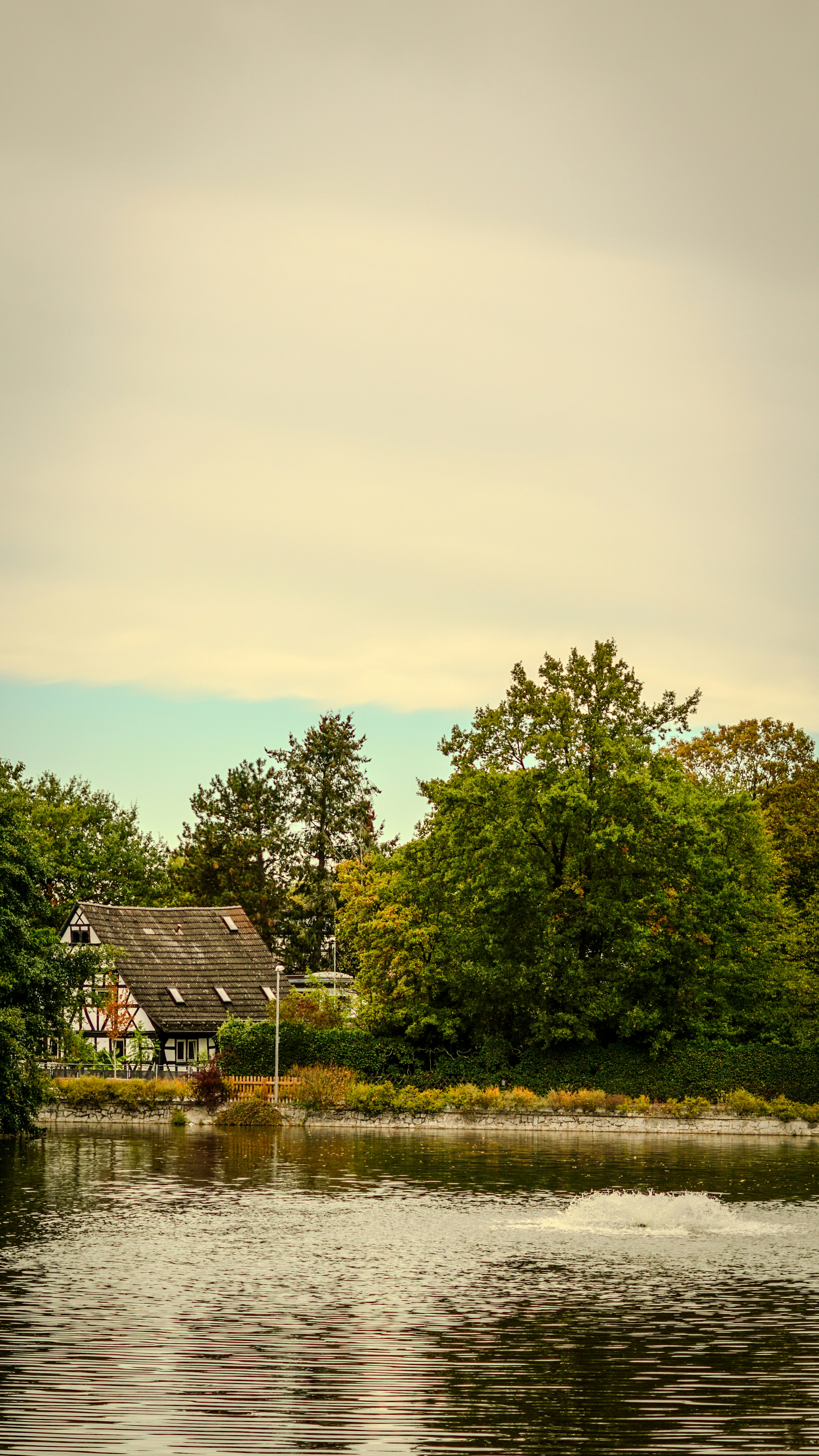 Lakeside Cottage and Orchard Amid Autumn Light