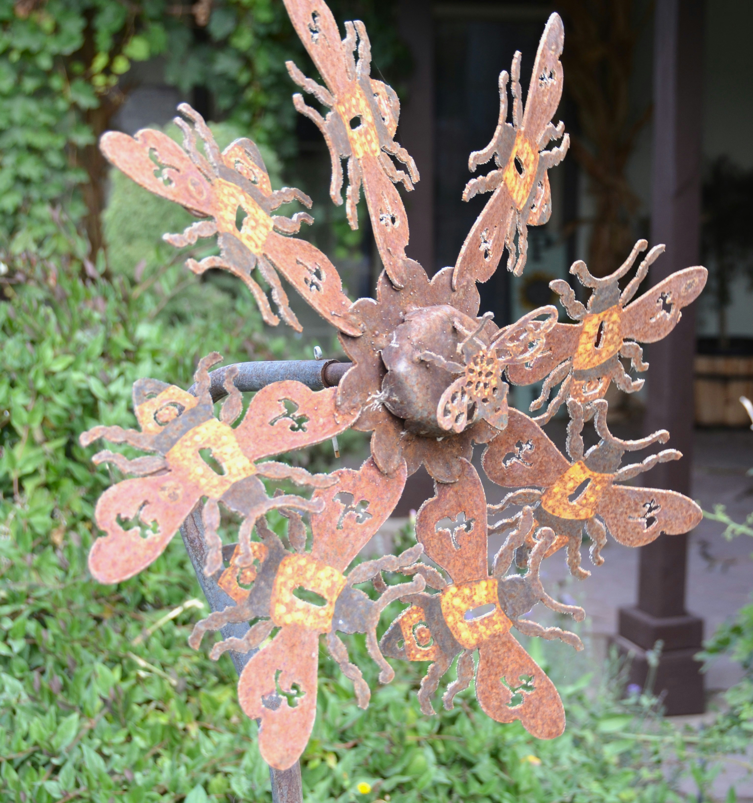 Rusty Spindle Flower Windmill Garden Sculpture