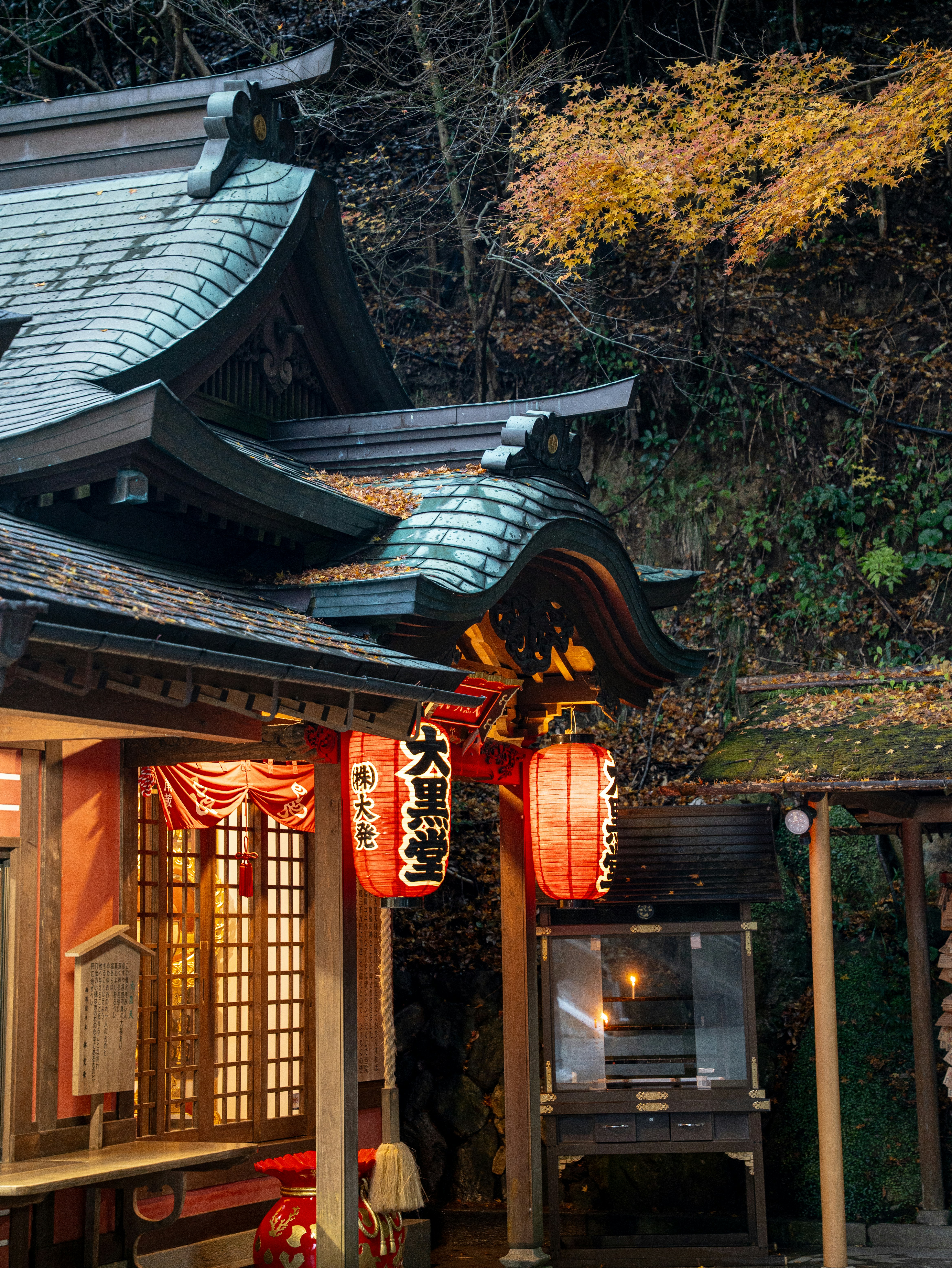 Lanterns at the Temple Gate: Autumn Hues and Curved Roofs