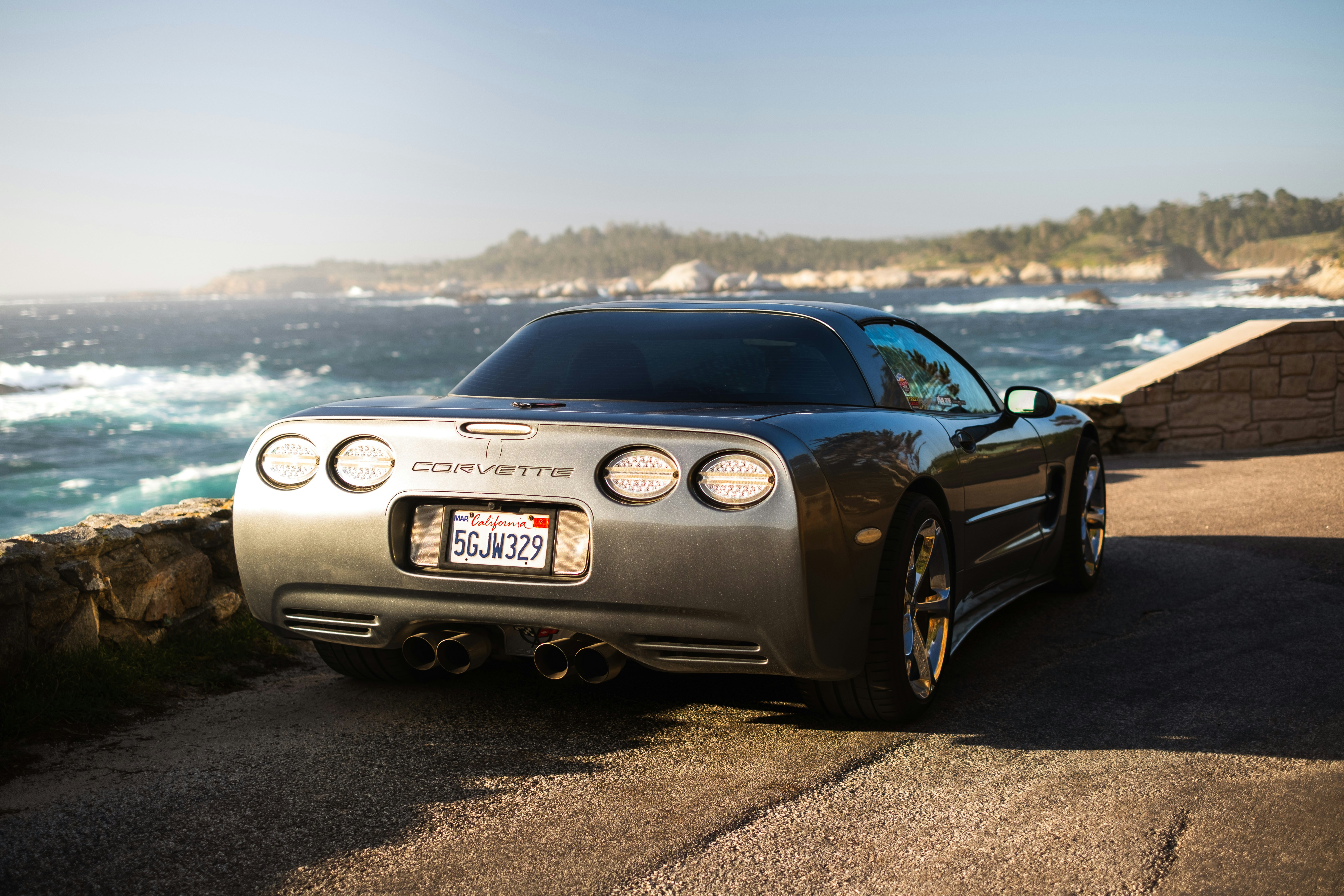 Coastal Ride: A silver Corvette Staggered by Ocean Winds