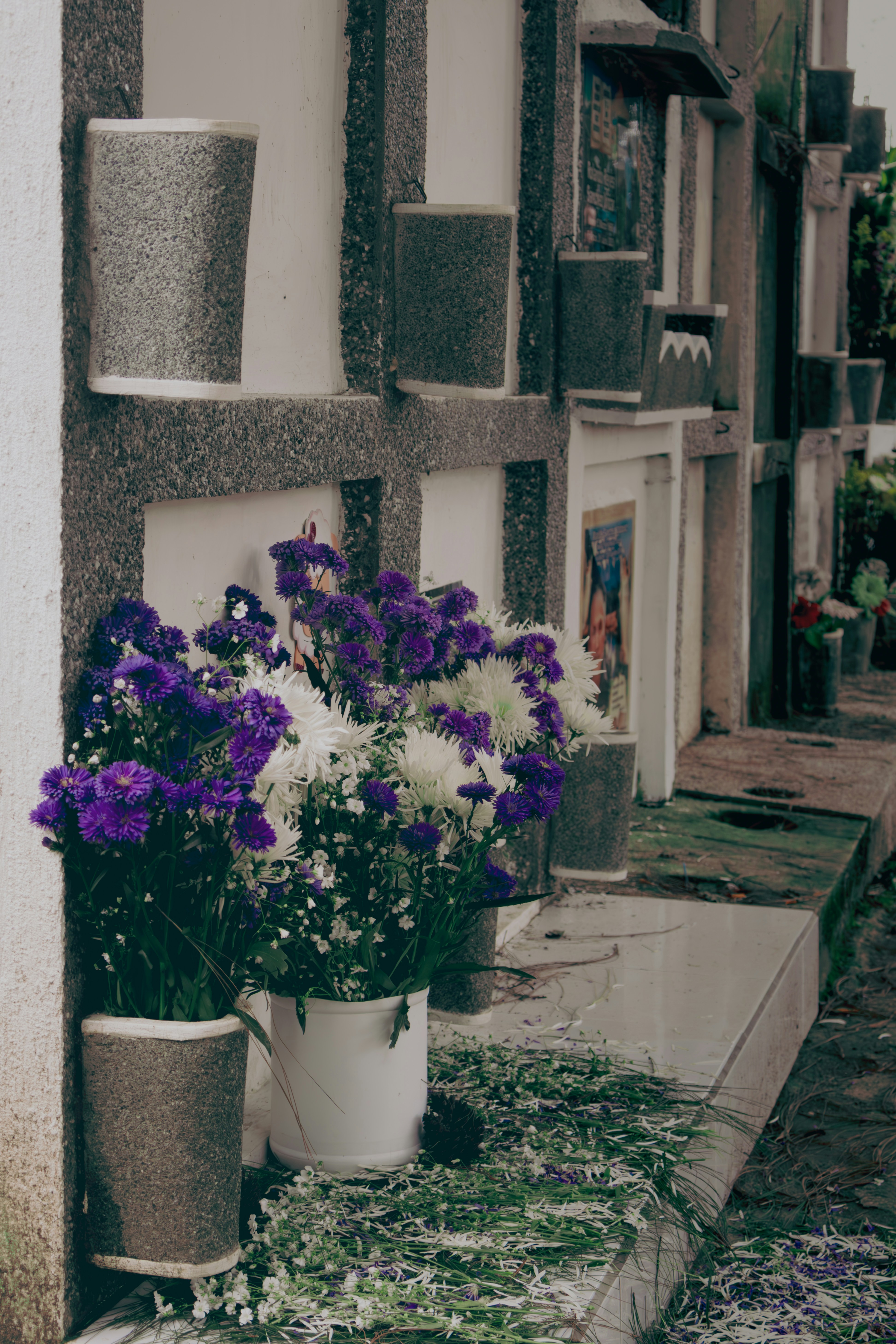 Bouquet of purple and white flowers placed in a white bucket against a textured cemetery wall; a quiet, narrow path lines the background with stone monuments and planters.