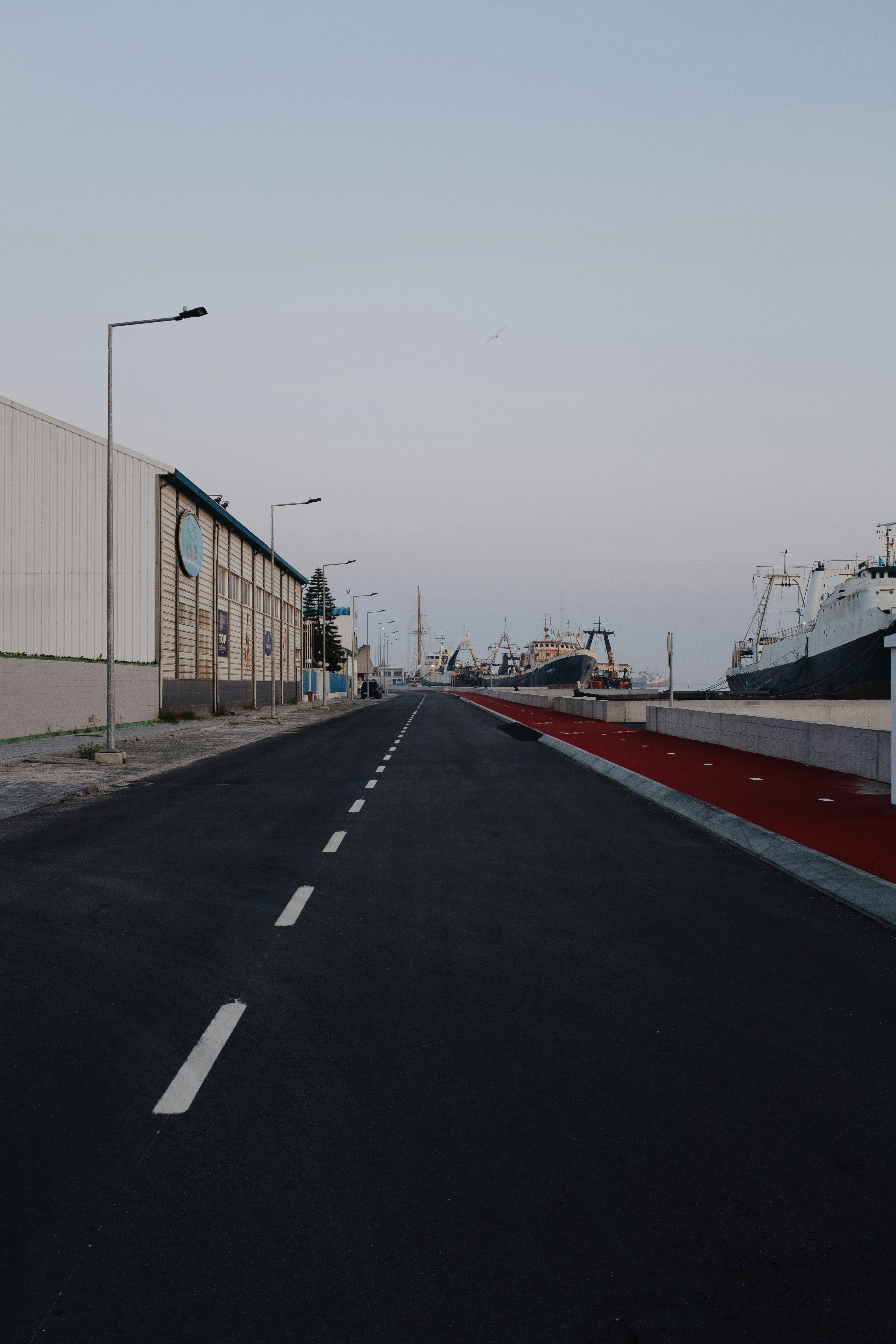 An empty asphalt road beside a harbor with docked fishing boats in Aveiro, Portugal