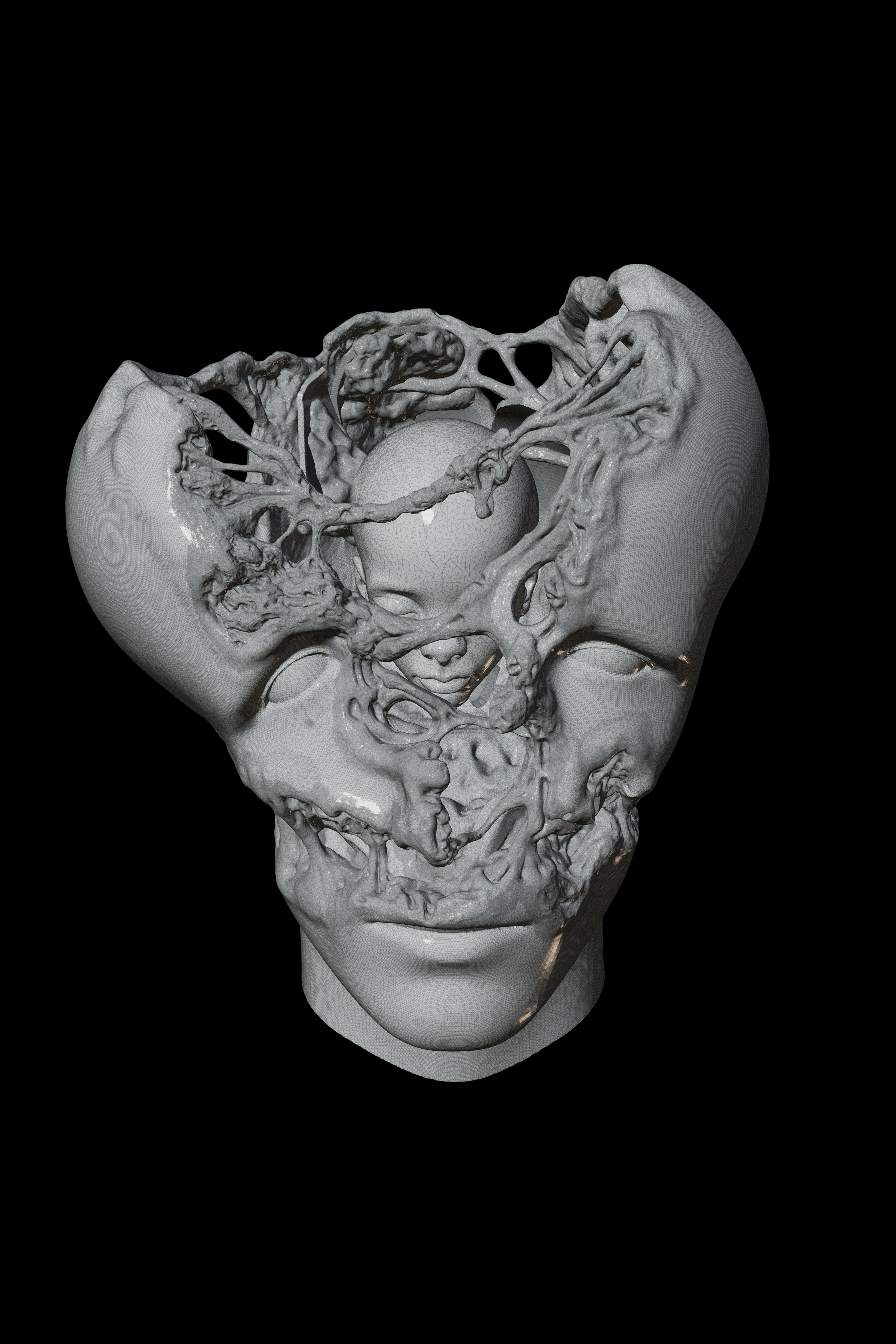 Abstract 3D sculpture with a skull-like form distorted by interwoven perforations against a black background. The piece emphasizes anatomical chaos and surreal texture, typical of a study in organic abstraction.