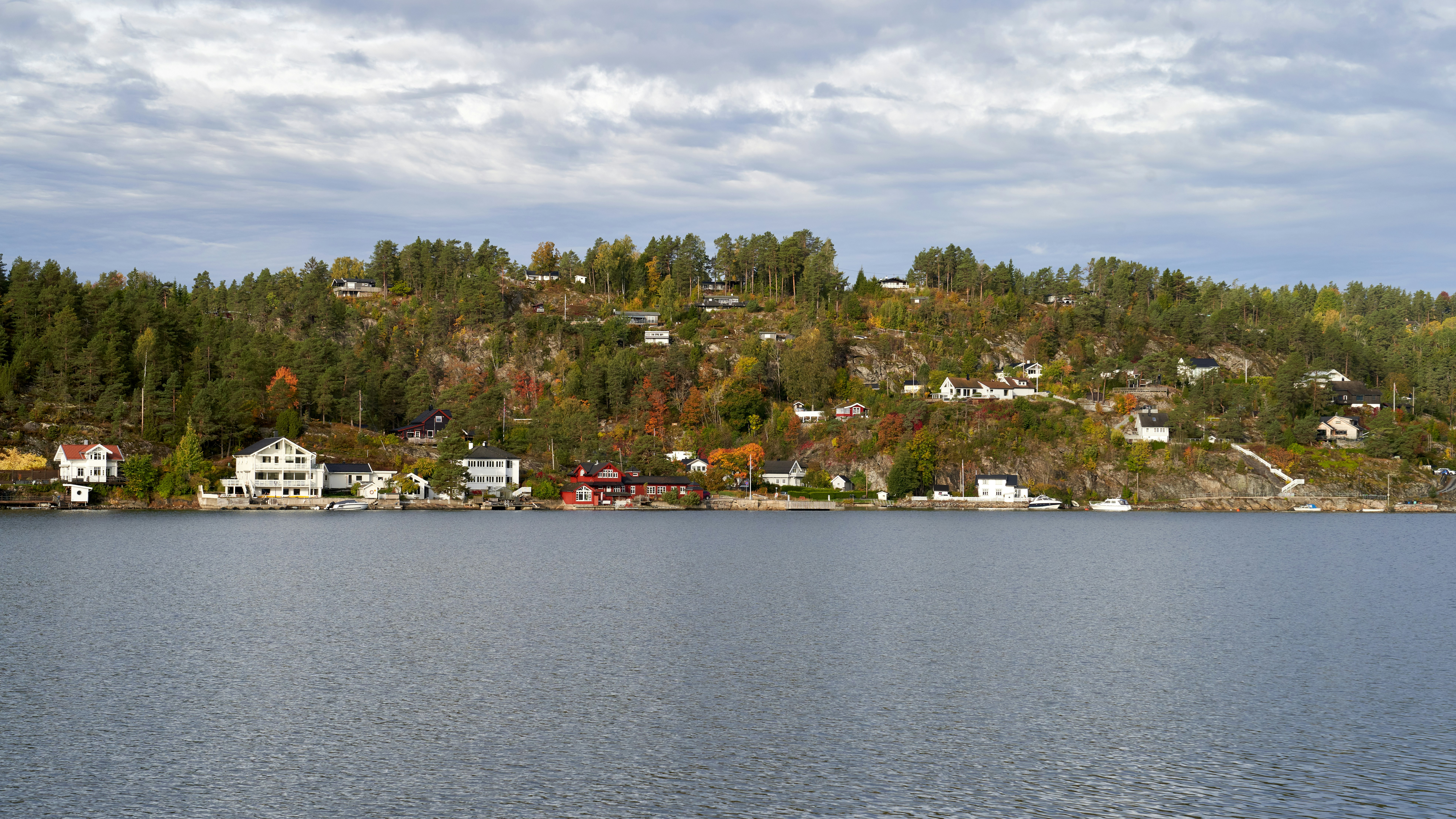 Lakeside Village Row: Distant Homes Along Autumn Shore