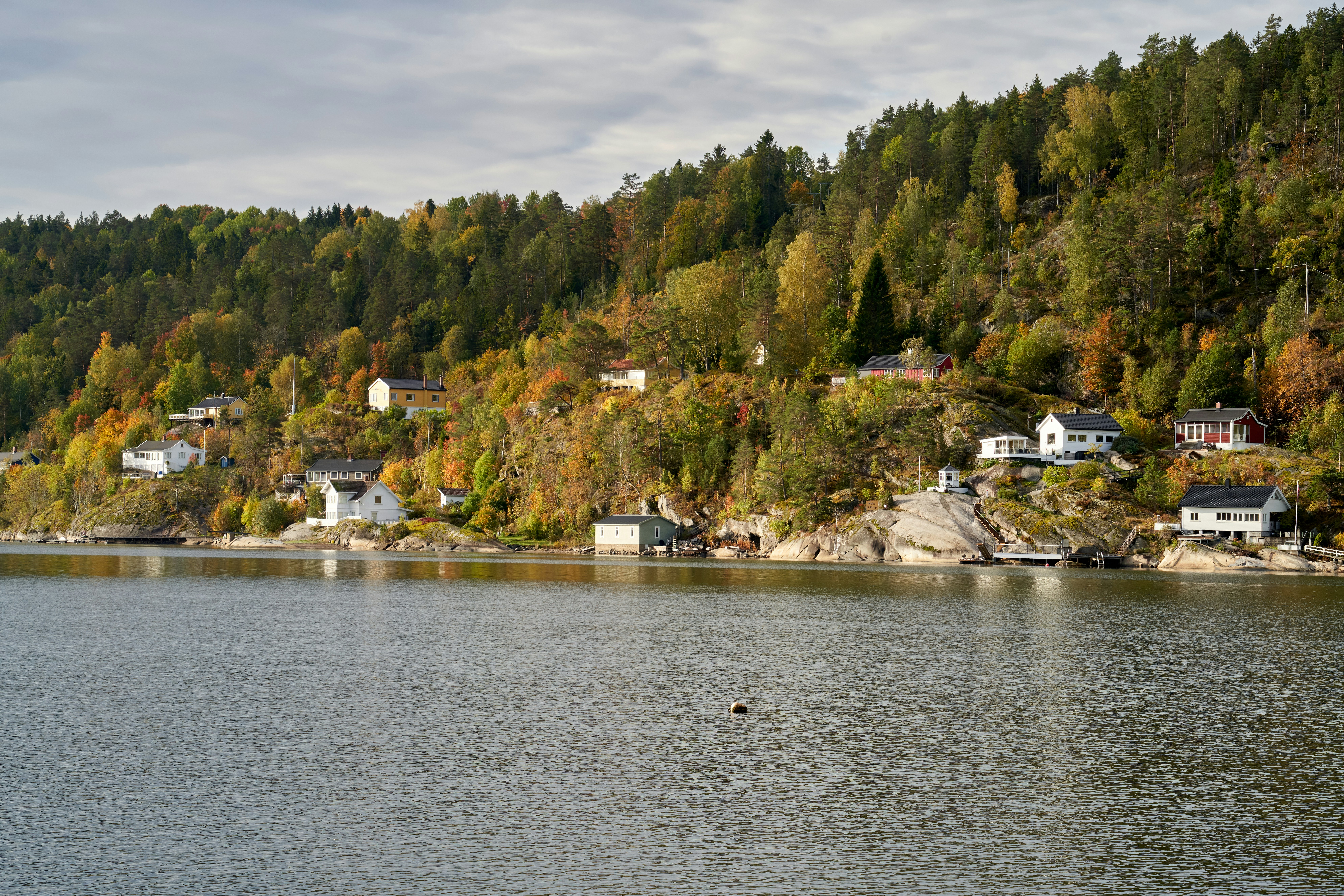 Quiet Lakeside Village Mirrors Autumn in the Pines
