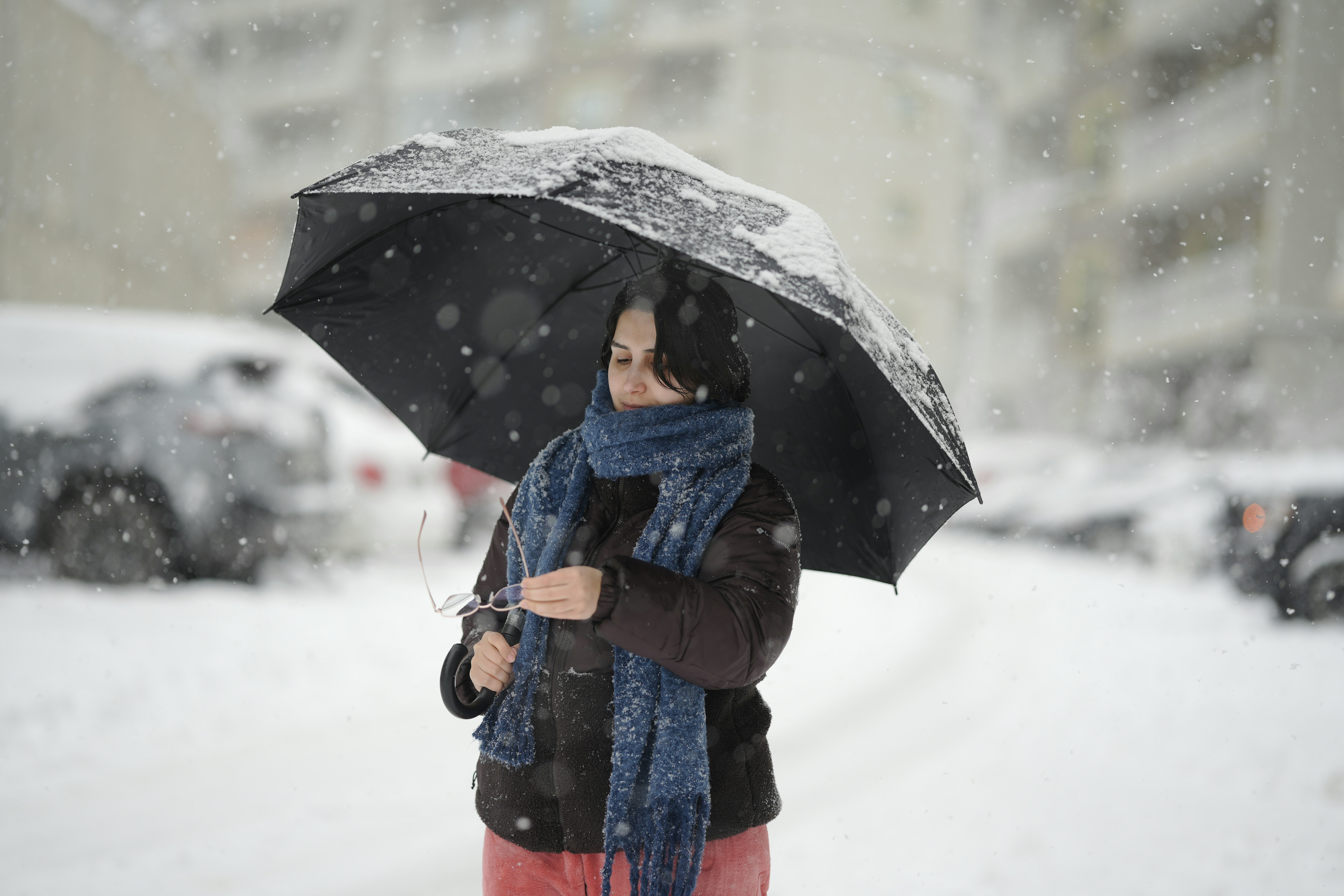 Woman with Umbrella in Snowfall: Quiet Resilience in a Blurred Winter Street