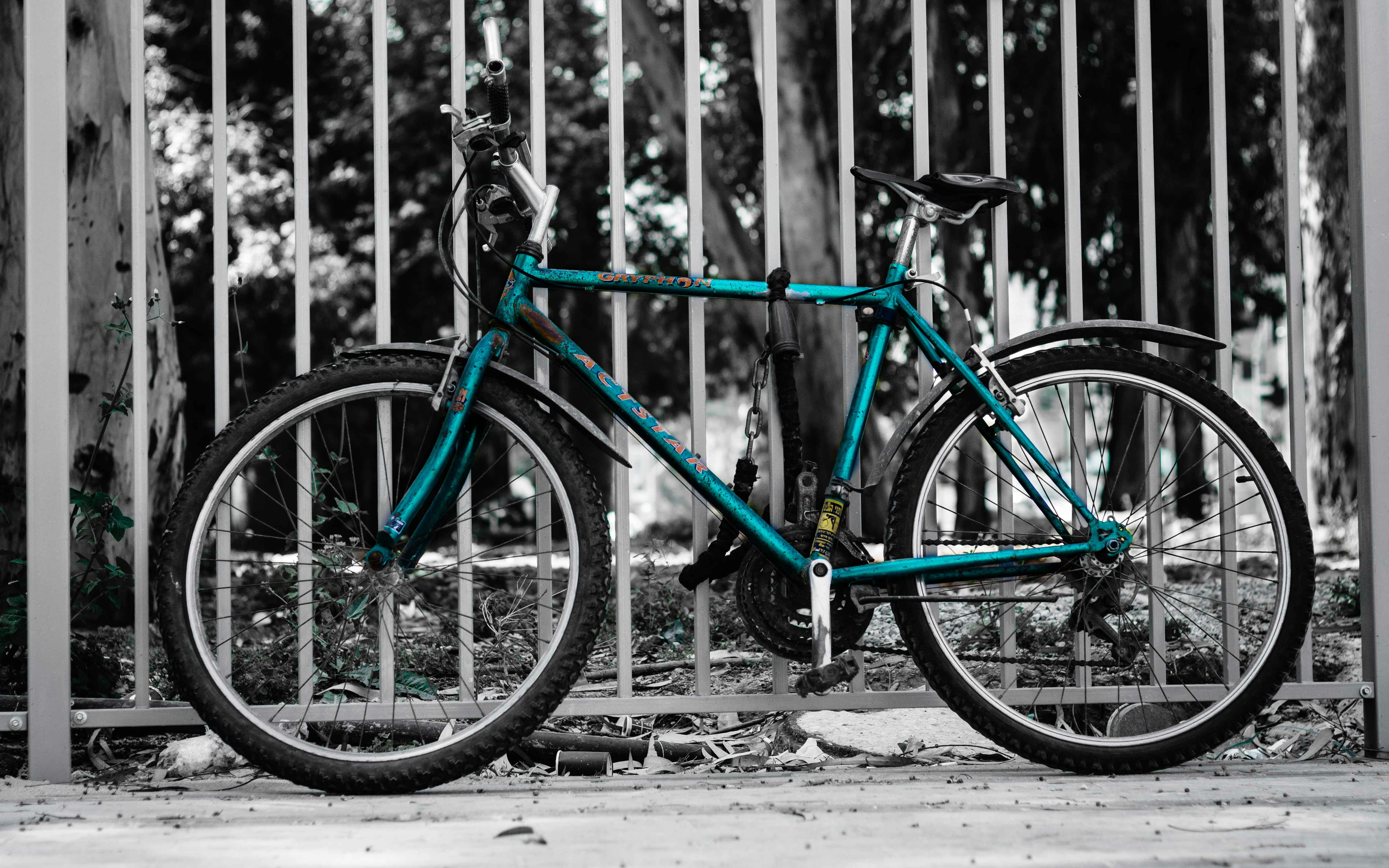 Teal Bicycle Resting Against a Fence