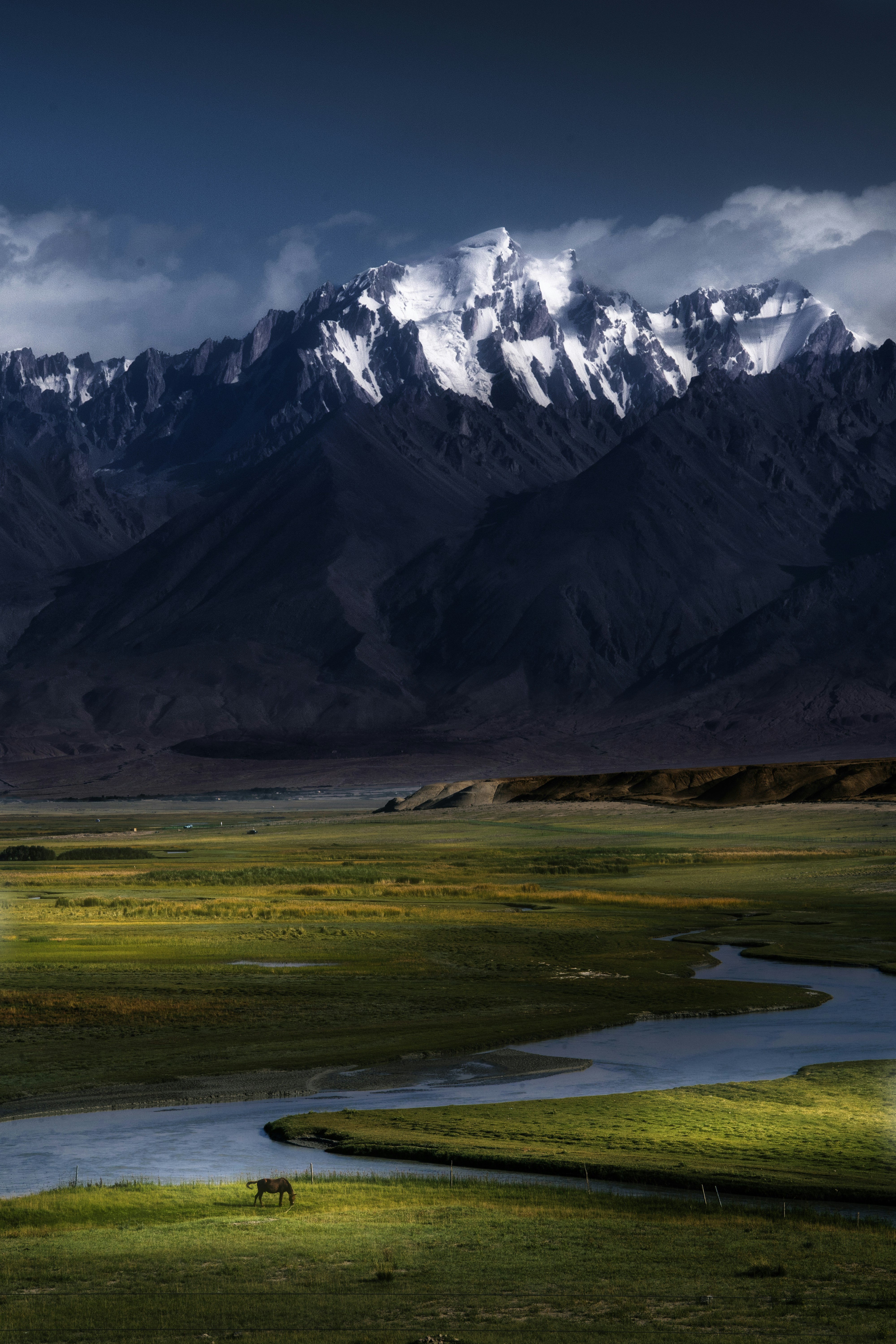 Snow-Crowned Giants above a Quiet Grassland Reach