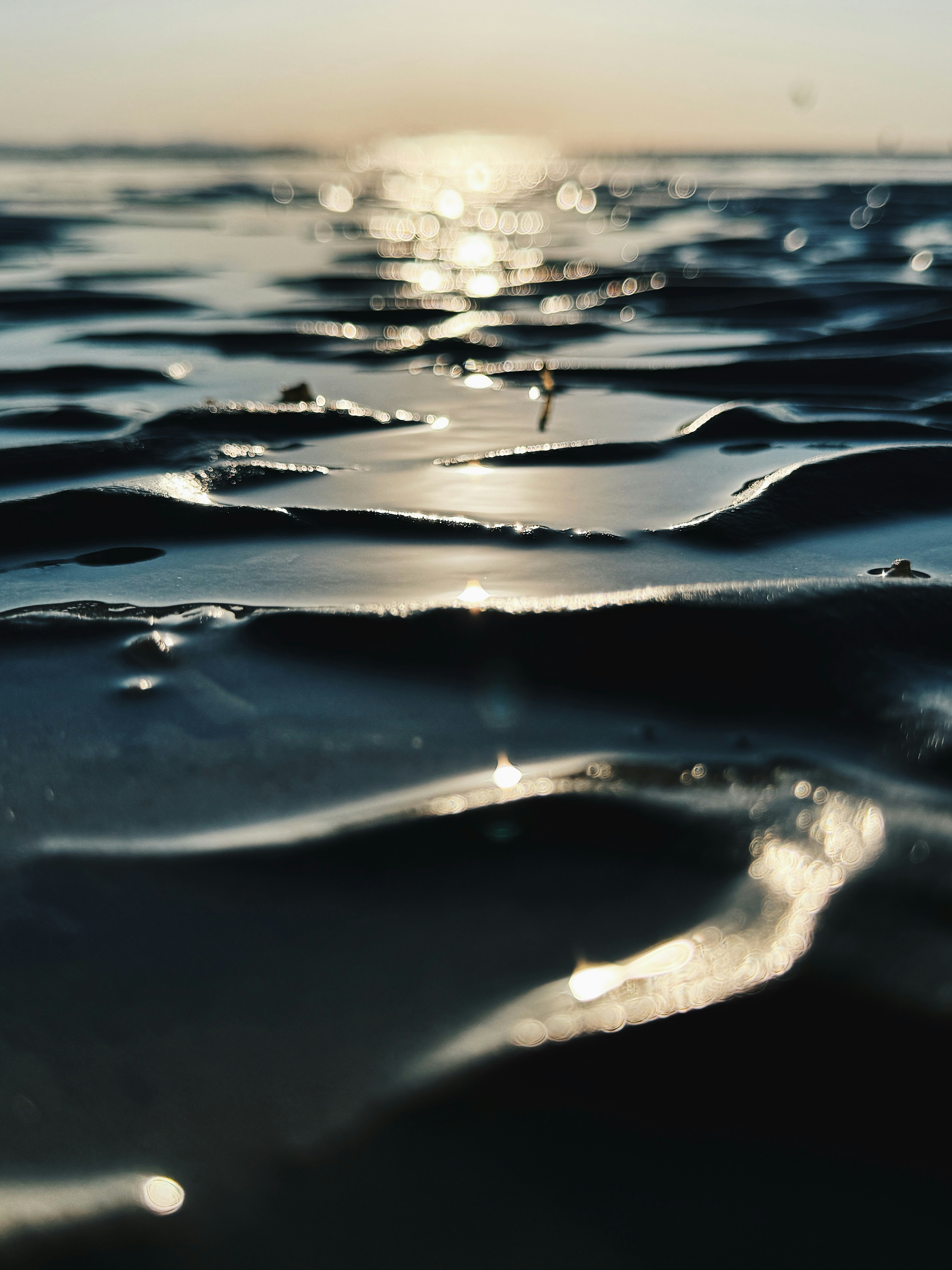 Soft, glistening waves ripple across a low-angle seascape as the sun nears the horizon, creating bright highlights and deep blue shadows.