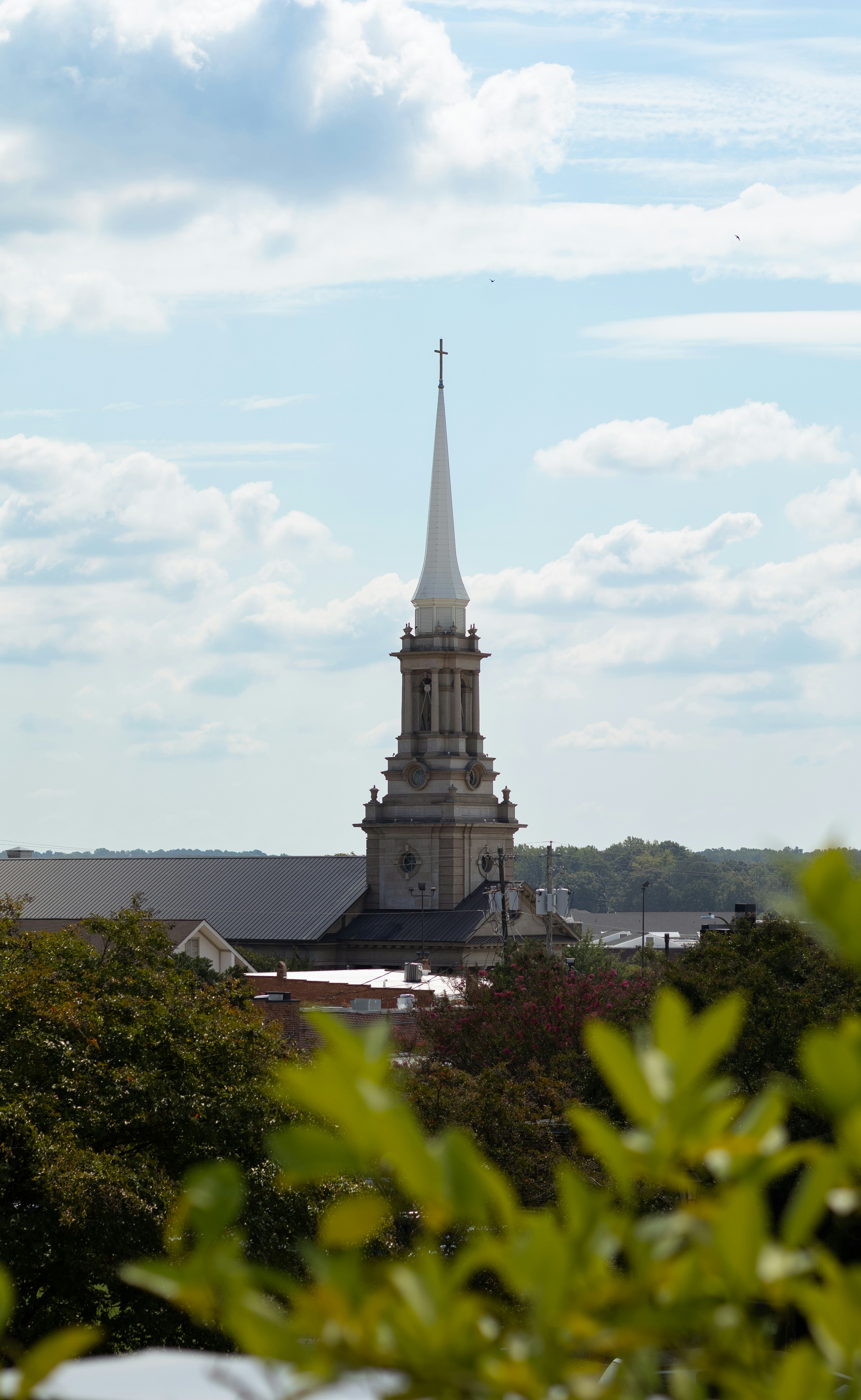 Stone church spire reaches upward with a soft blue sky; foreground foliage frames the lower edge, suggesting a quiet town scene.