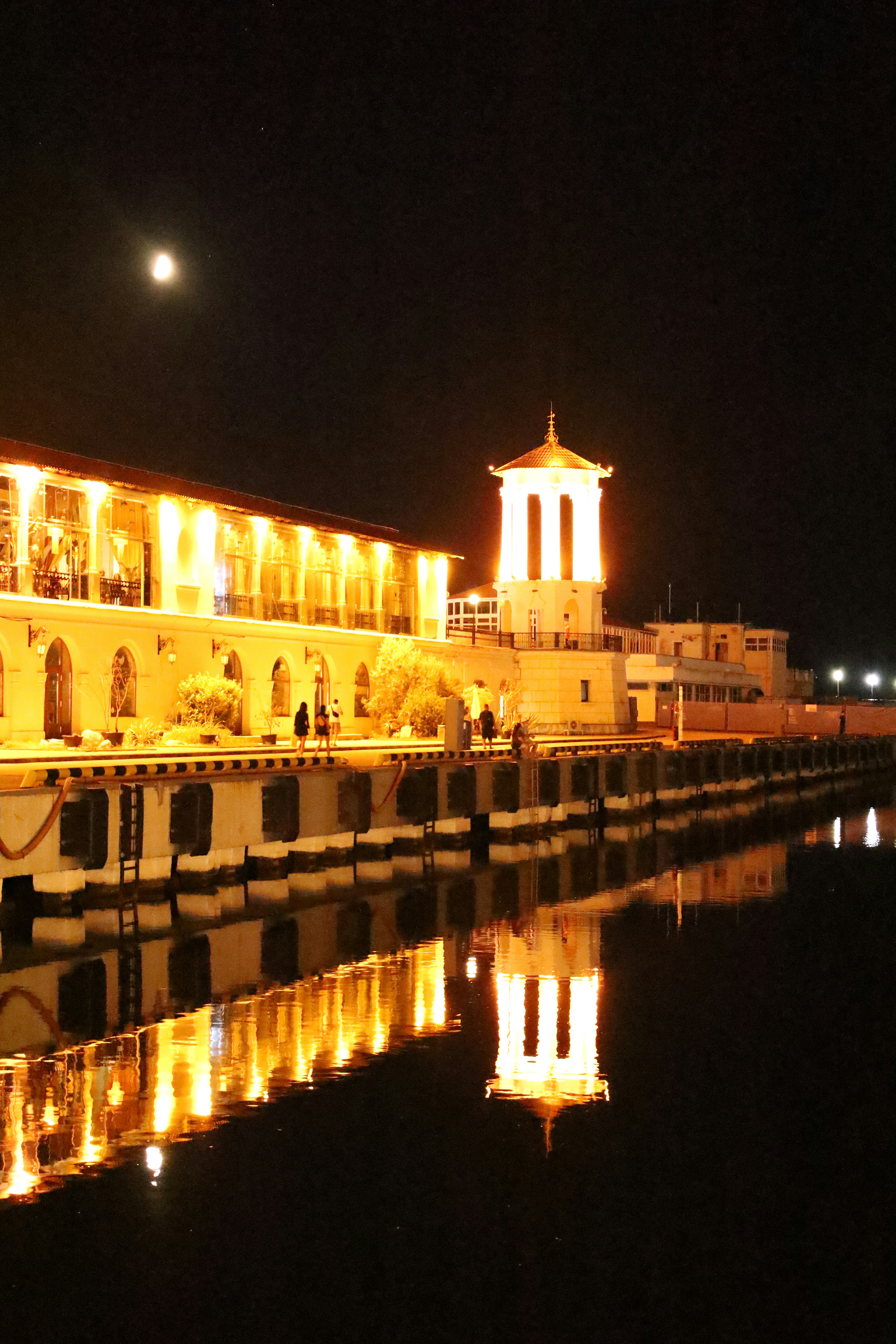 Golden Hour by the Wharf: Nighttime Lanterns Reflect on Quiet Waters