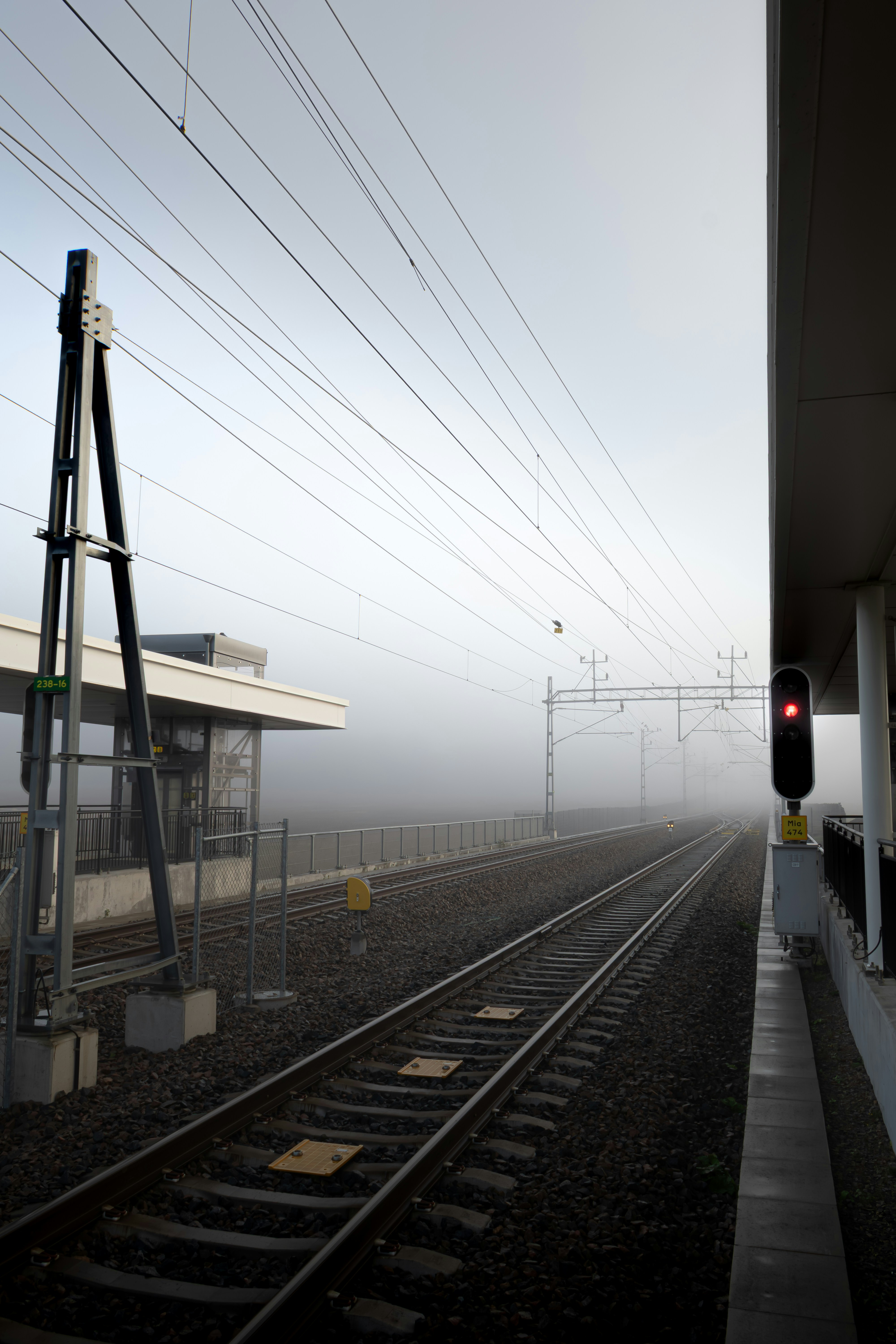 Rail tracks disappear into a foggy horizon beside a platform, with overhead lines and a lone signal at the edge; the scene conveys calm anticipation at dawn.